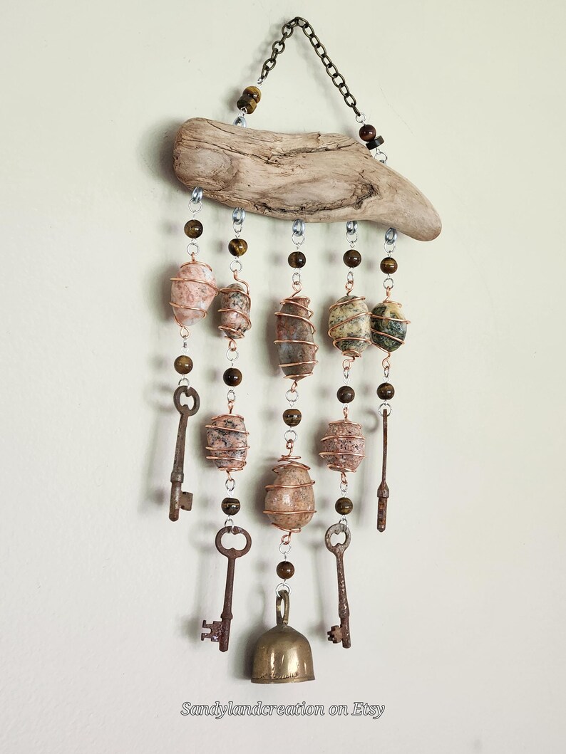 Handmade Driftwood Wind Chime – Wire Wrapped Beach Stone Coastal Decor ...