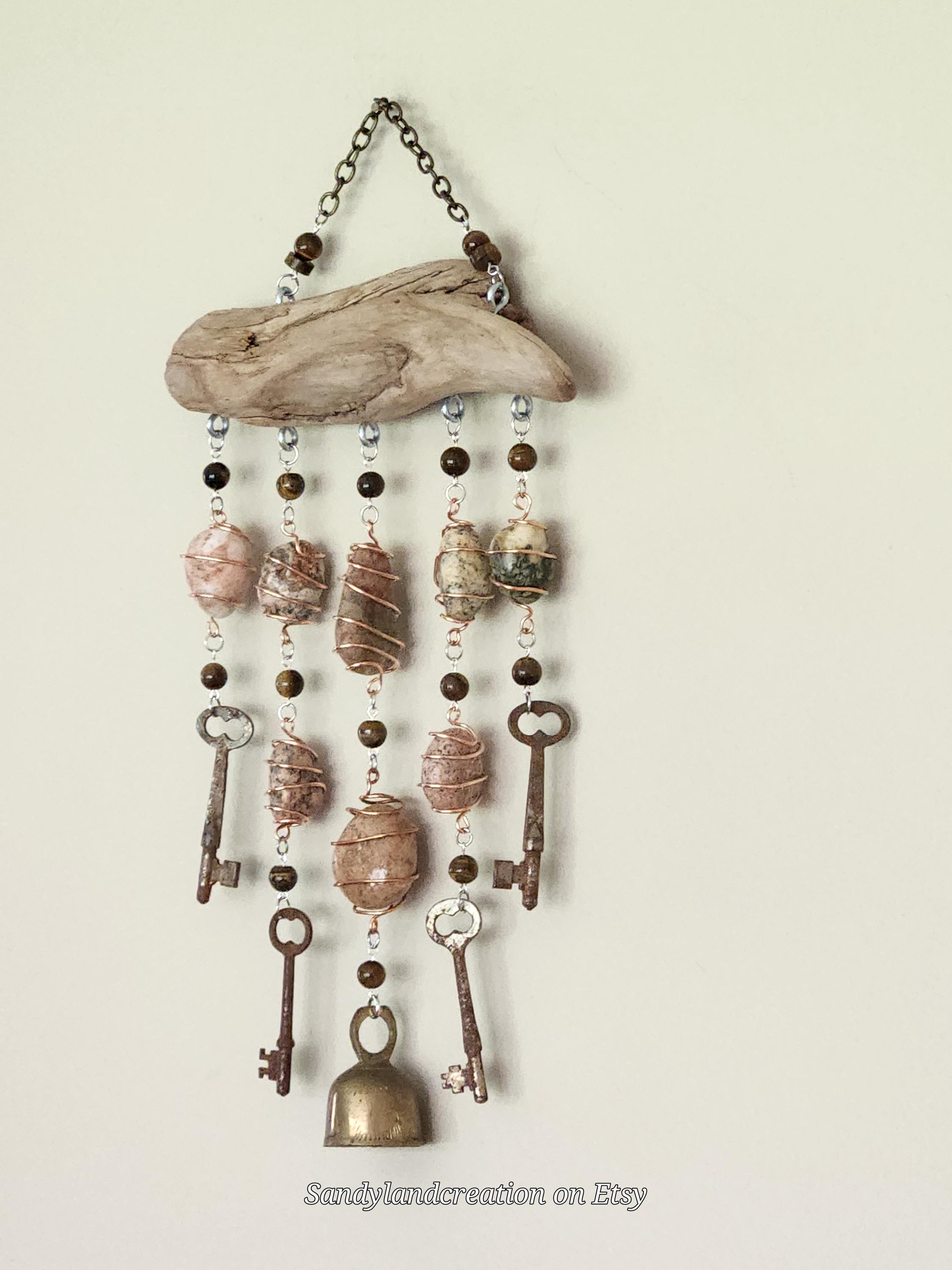 Handmade Driftwood Wind Chime – Wire Wrapped Beach Stone Coastal Decor ...
