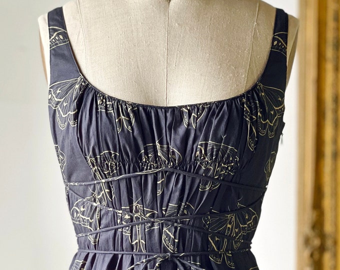 Moth Print Dress, Fit and Flare, Sleeveless, Scoopneck, Corset Style ...