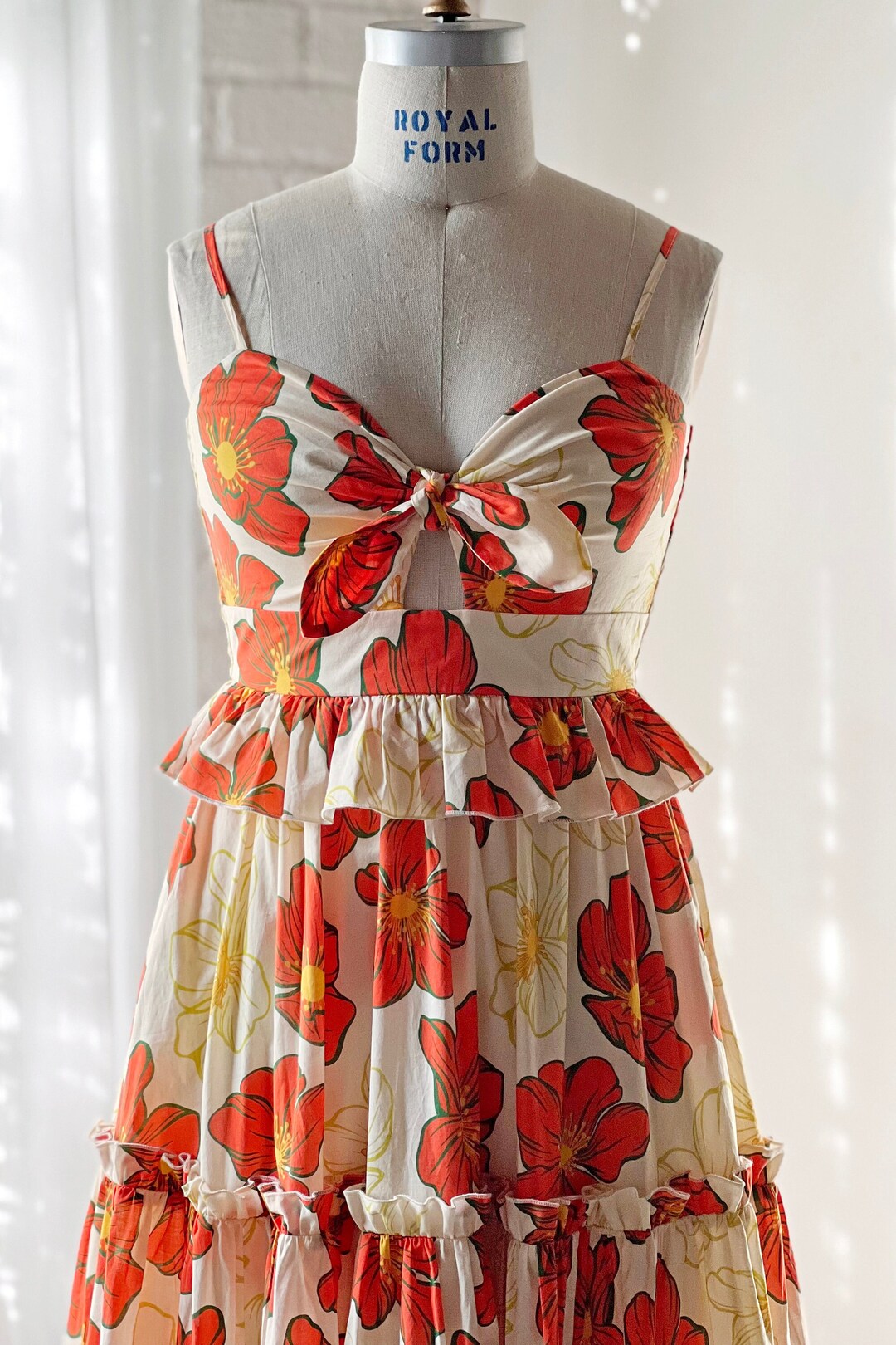 Cream Red Poppy Floral Cotton Maxi Dress: Sweetheart Neckline, Ruffles ...