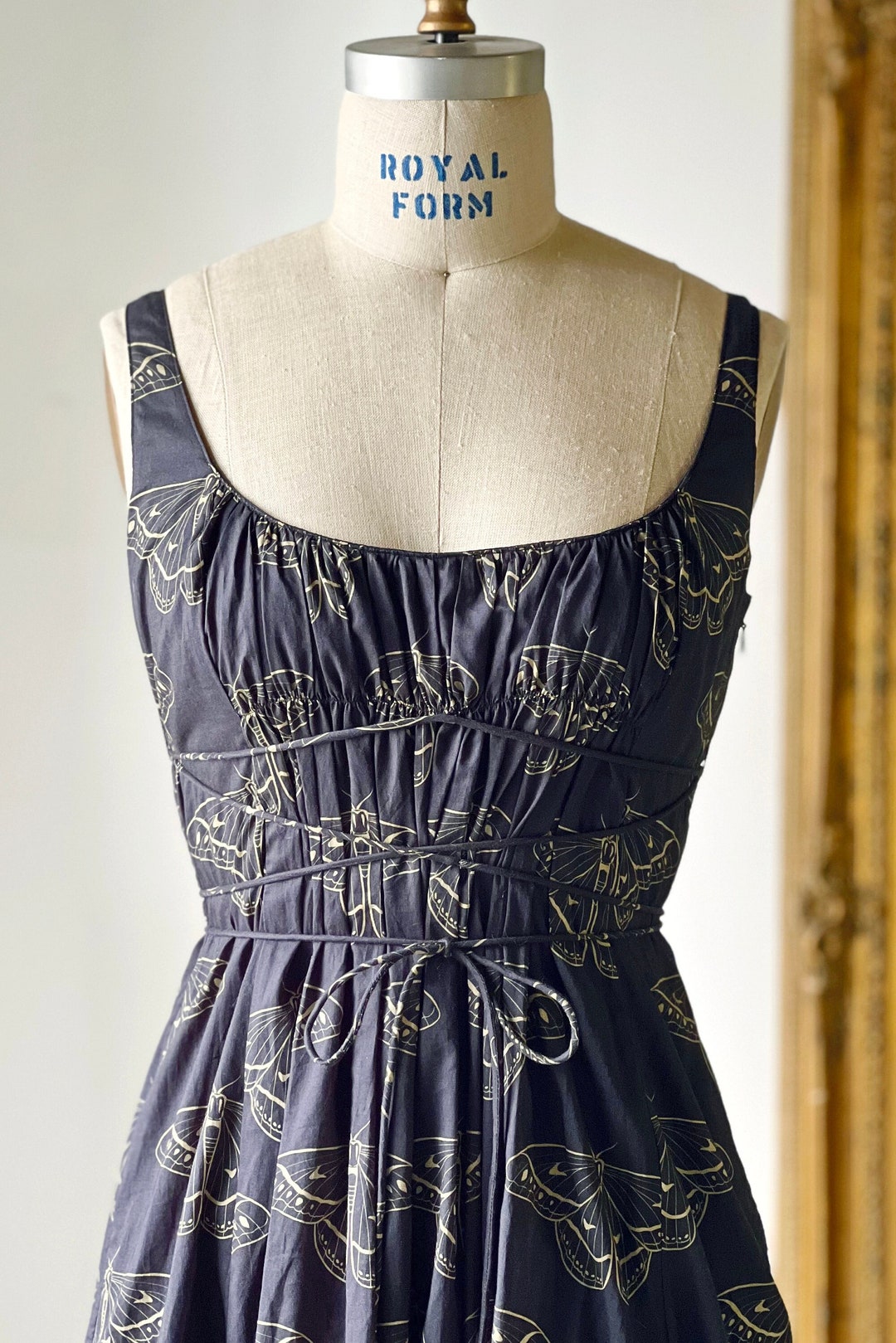 Moth Print Dress, Fit and Flare, Sleeveless, Scoopneck, Corset Style ...