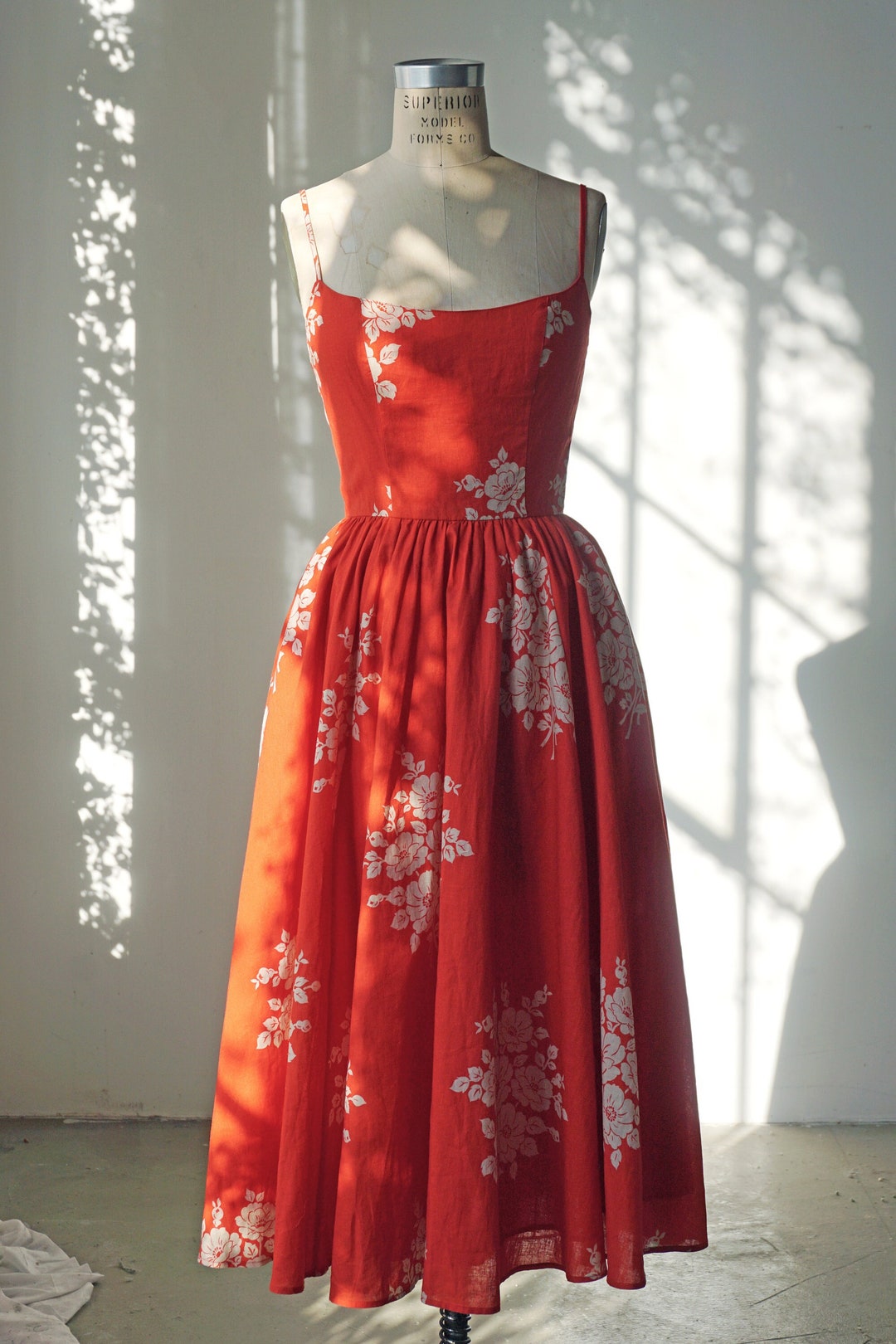Linen Vintage Floral Midi Fit and Flare Dress, Sleeveless, Fitted ...