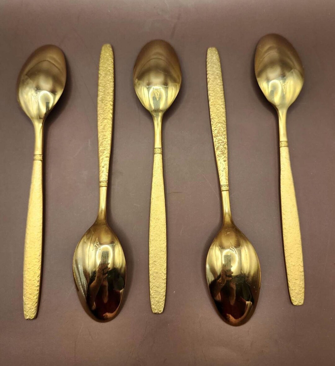 Set of Five (5) Teaspoons - Viners of Sheffield Golden Firense (gold ...