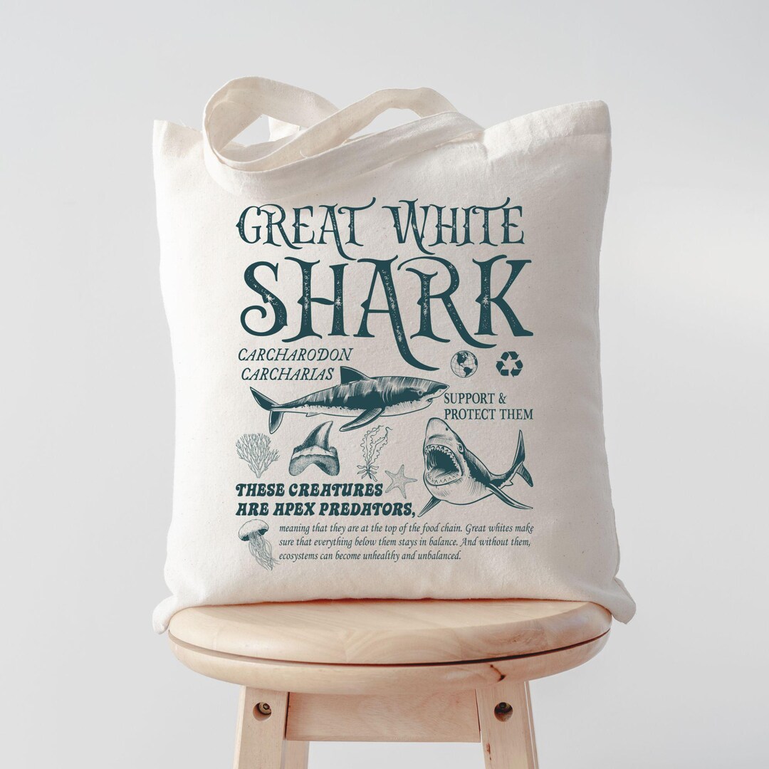 Vintage Great White Shark Tote Bag, Retro Ocean Lover Gift, Coastal ...
