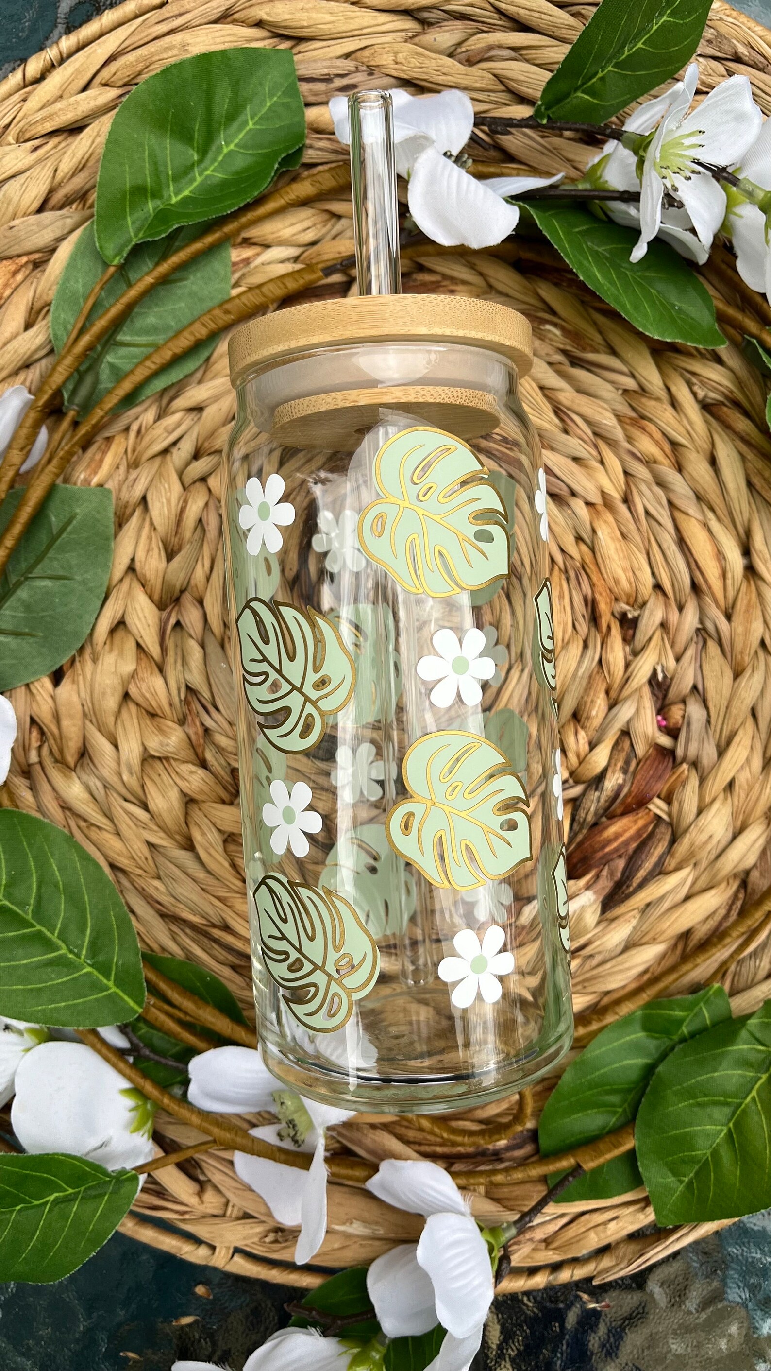Monstera Daisy Glass Cup - Etsy