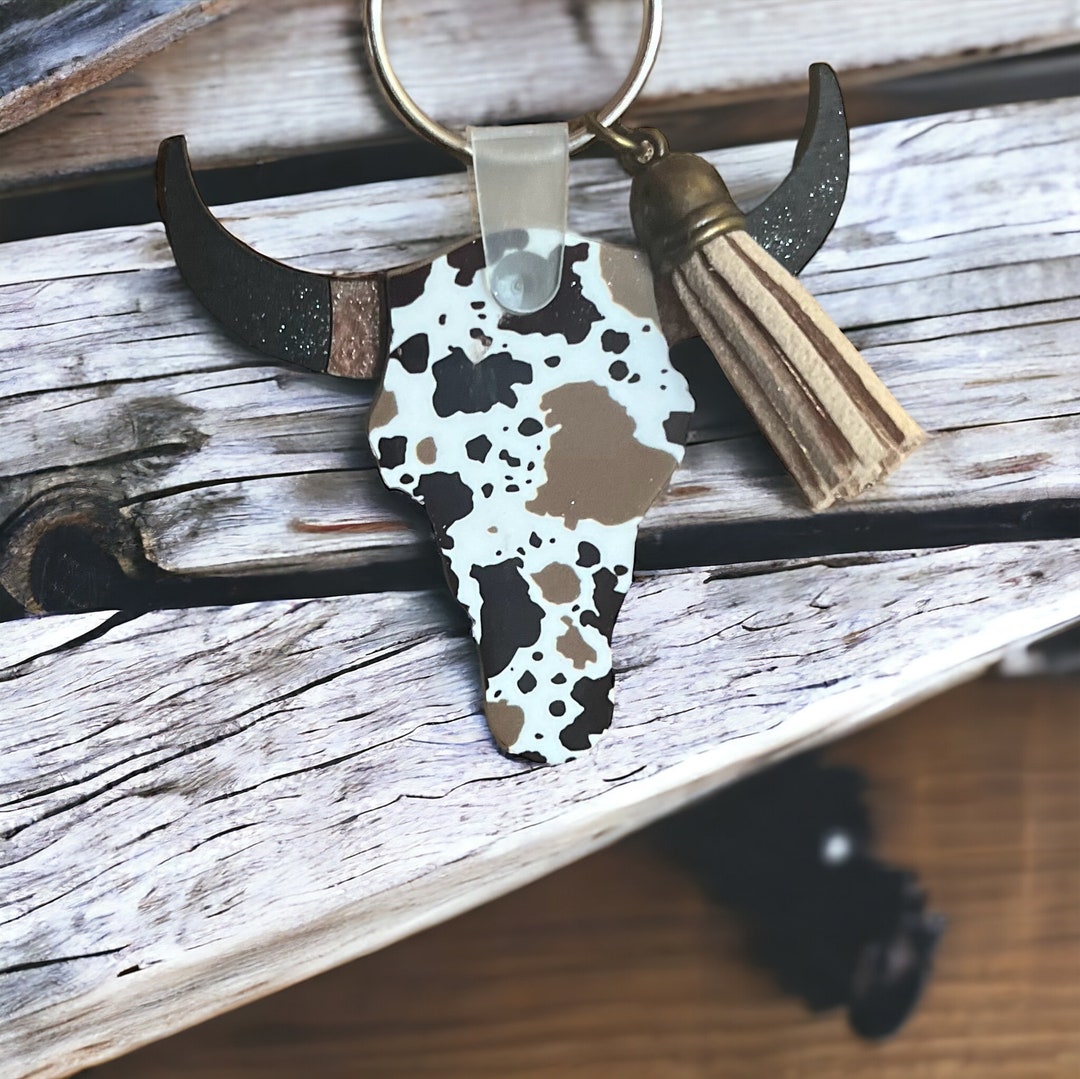 Cow Print Keychain Bull Skull With Tassel - Etsy
