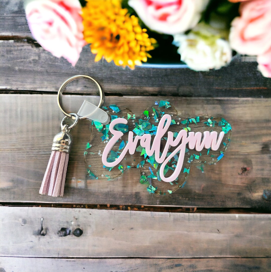 Custom Name Keychain Made of Clear Turquoise Flaked Acrylic and Pink ...