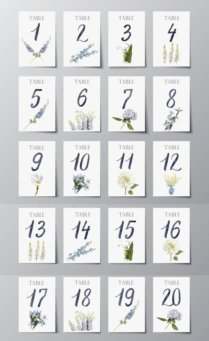 Printed Botanical Watercolor Table Numbers, Floral Watercolor Table ...