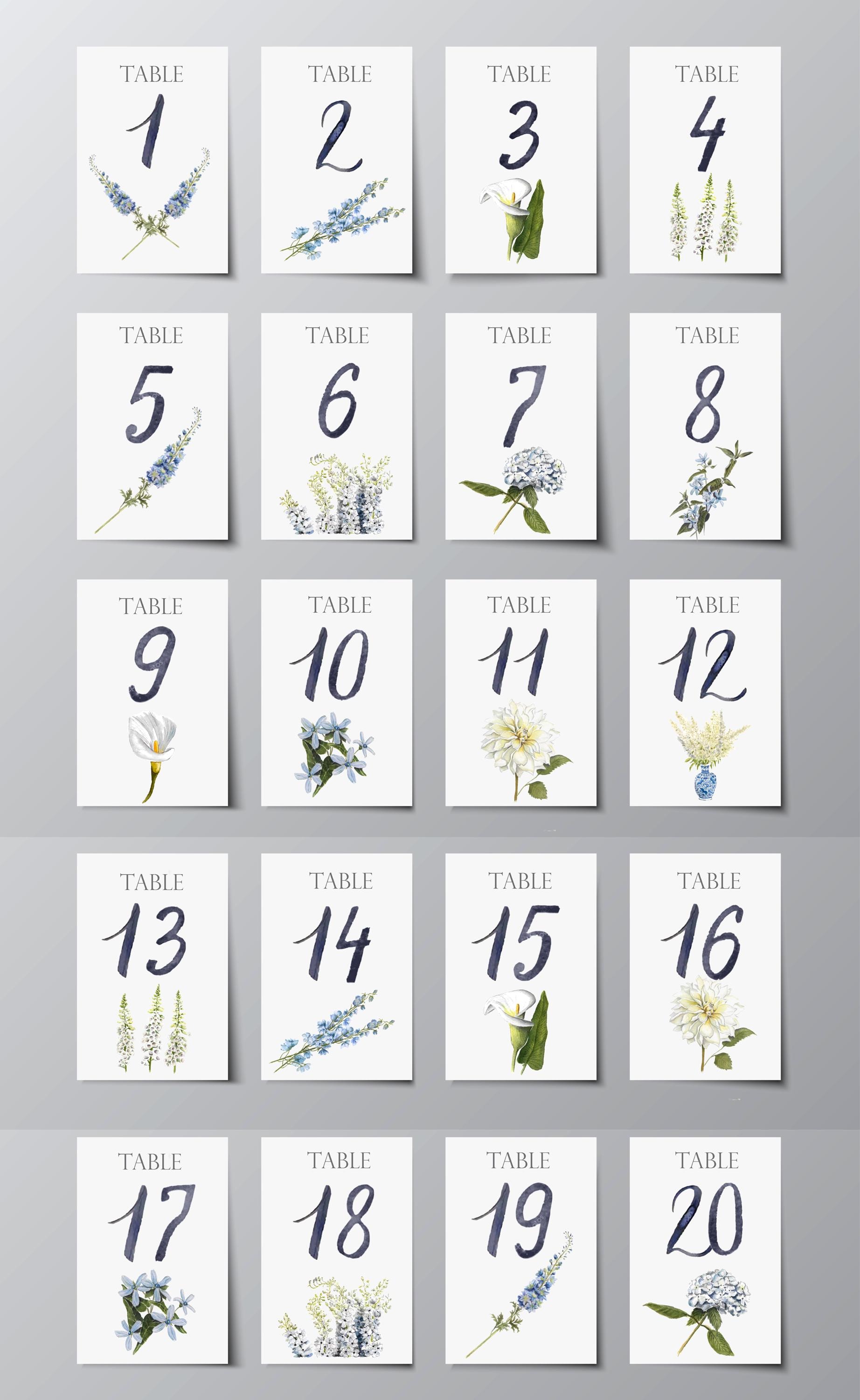 Printed Botanical Watercolor Table Numbers, Floral Watercolor Table ...