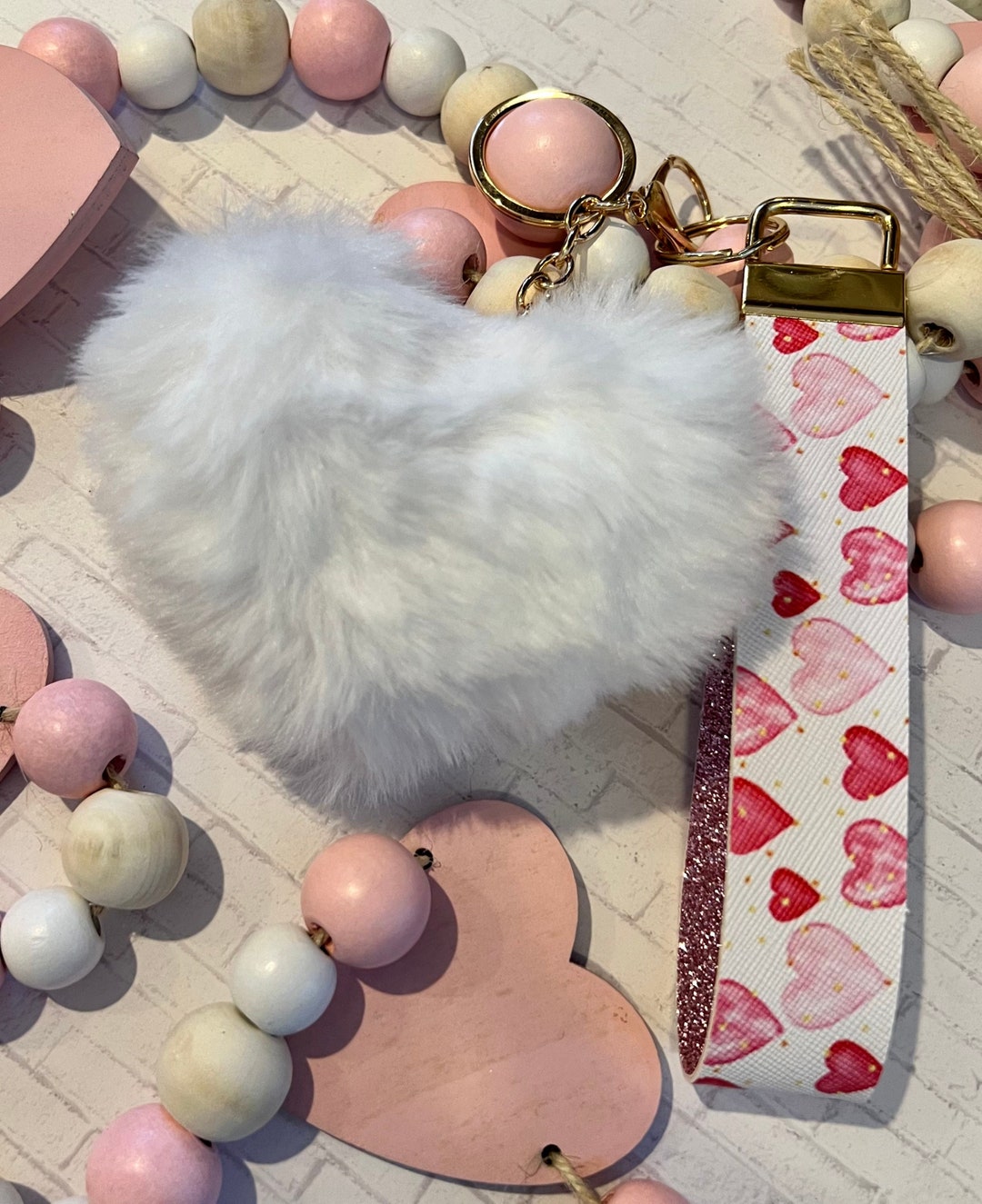 Valentine's Day Key Fobs Heart Wristlet Keychain Pom Pom Keychain ...