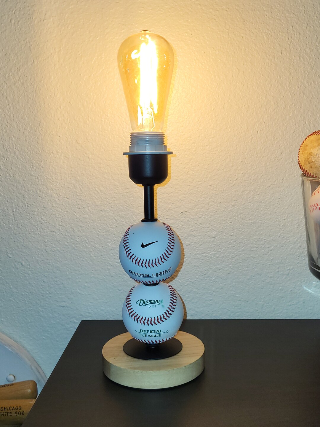Baseball Table Top Lamp - Two Balls and Round Wood Base - Etsy