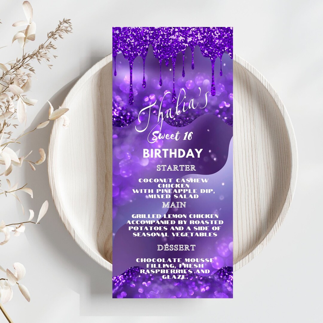 Purple Menu, Event Menu, Glitter Drip Menu, Birthday Menu, Purple Drip ...