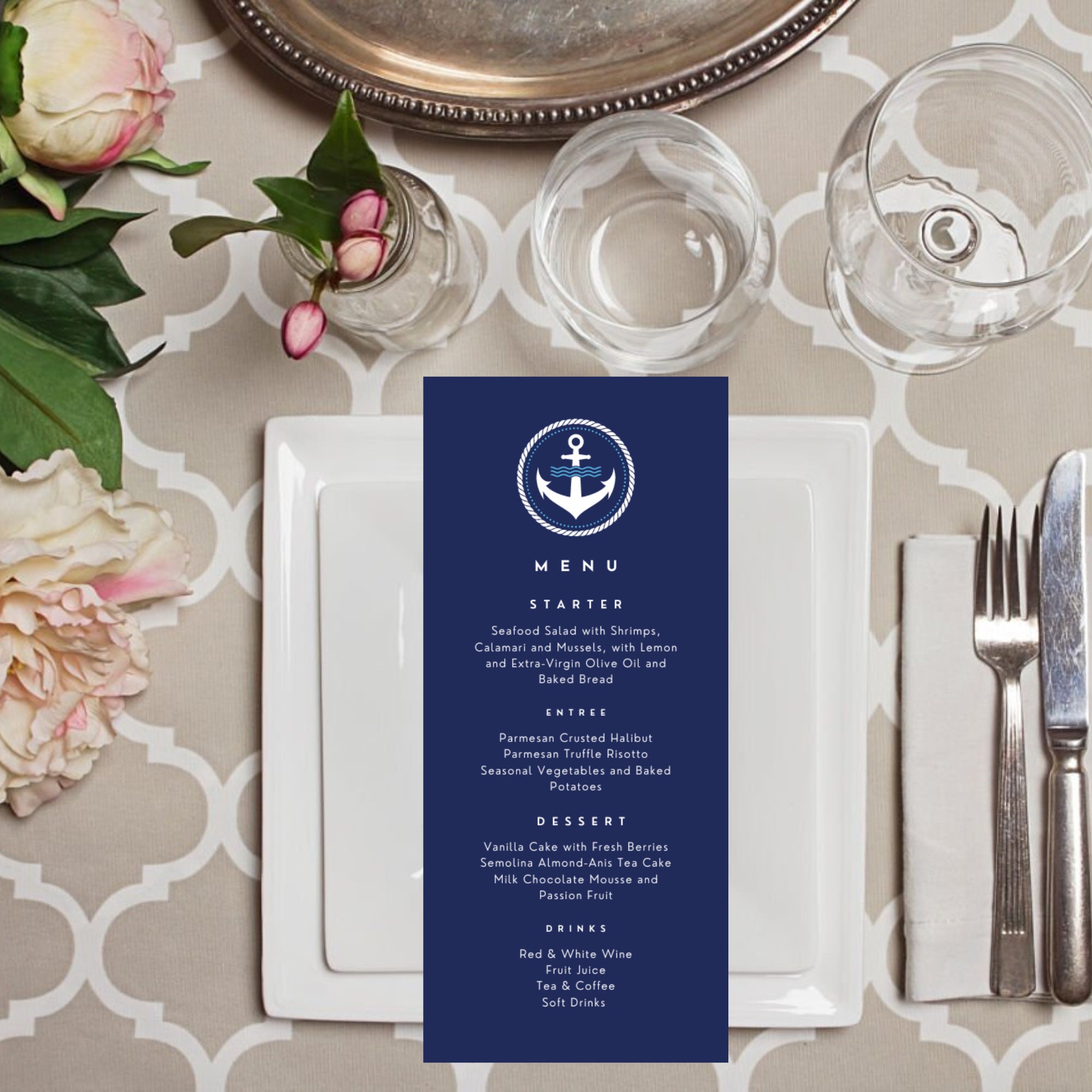Blue Menu Nautical Menu Printable Menu Template Wedding Menu ...