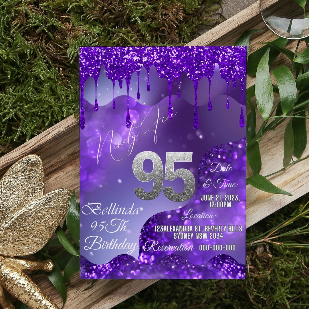 95th Birthday Invitation Girl Purple Dripping, 95th Birthday Invite ...