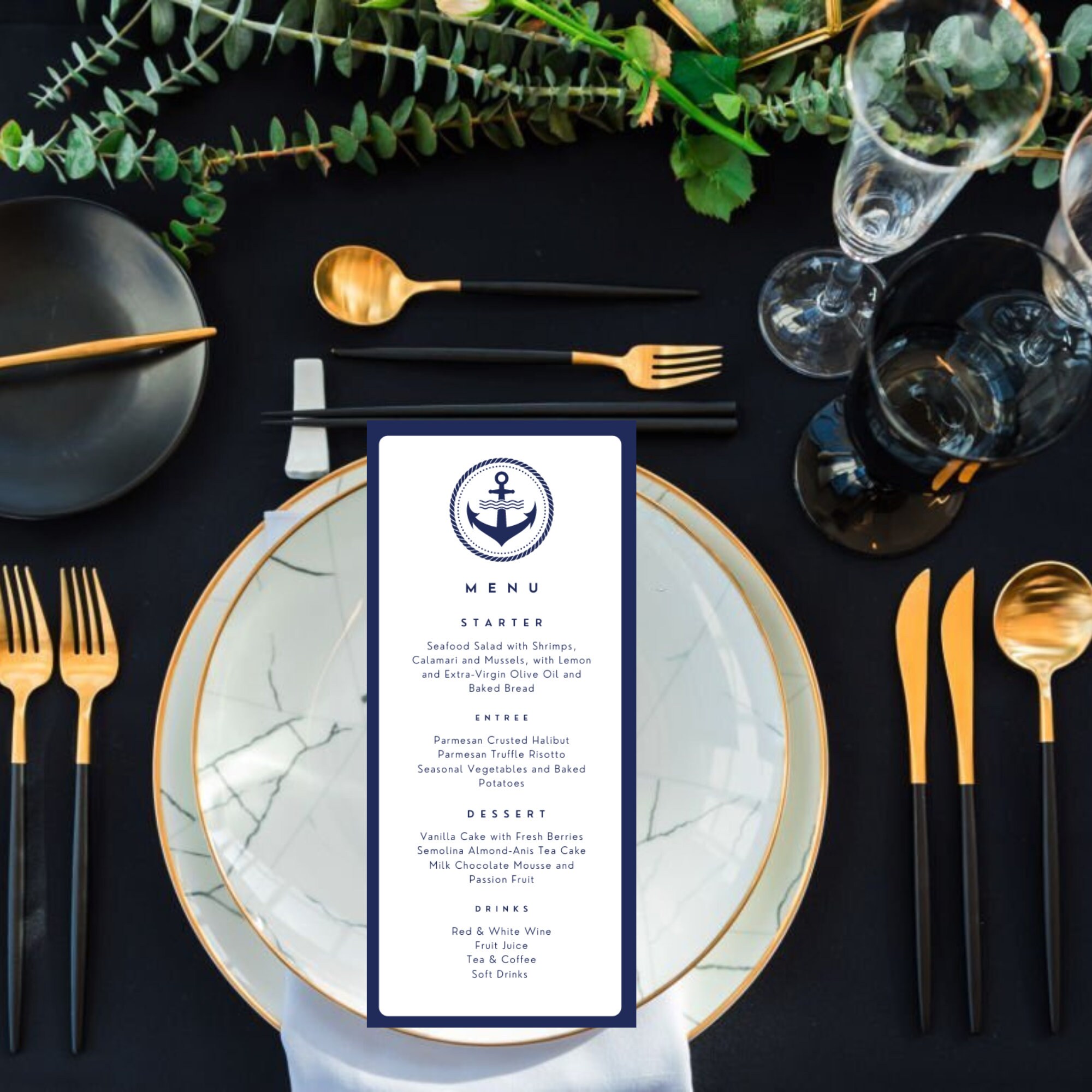 Blue Menu Nautical Menu Printable Menu Template Wedding Menu ...