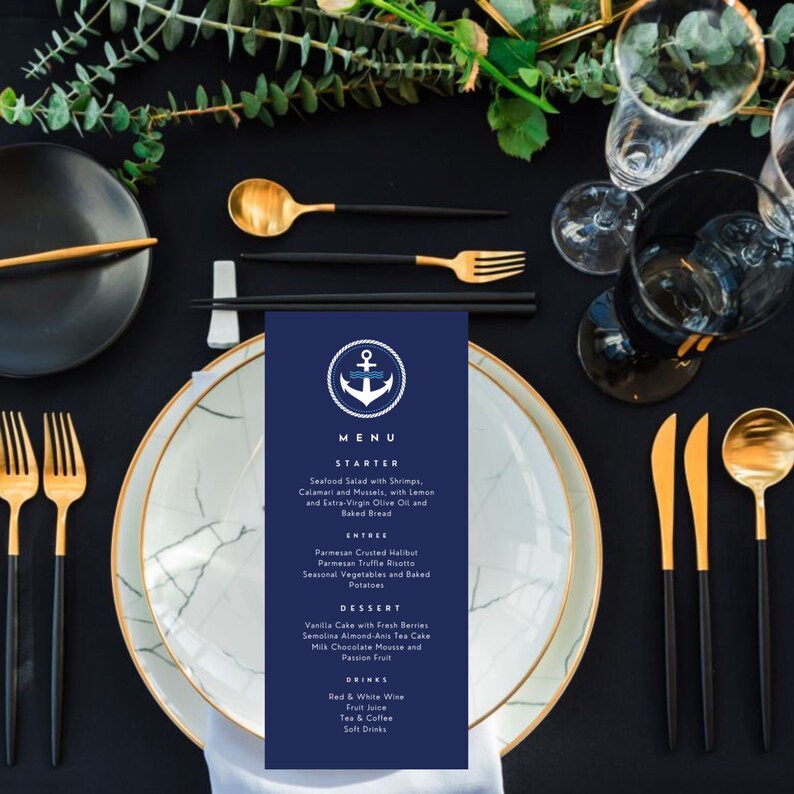 Blue Menu Nautical Menu Printable Menu Template Wedding Menu ...