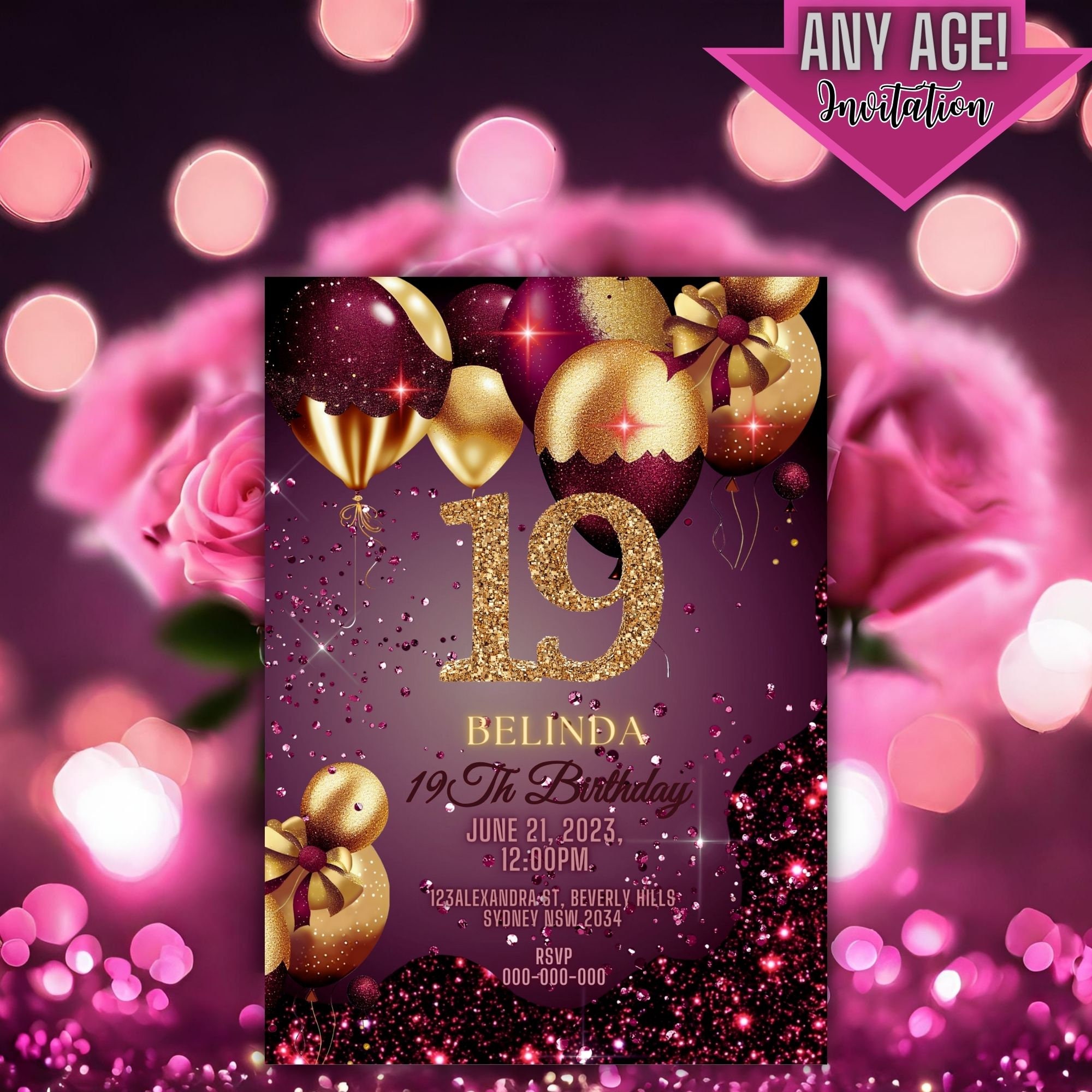 19th Birthday Invitation, 19th Birthday Invite, Printable 19th Birthday ...