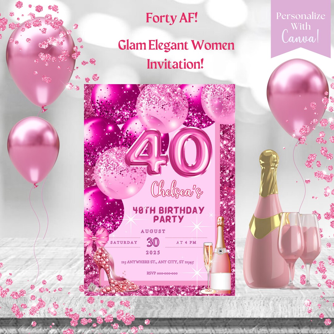 Pink Glitter 40th Birthday Invitation Girls Hot Pink Glitter - Etsy