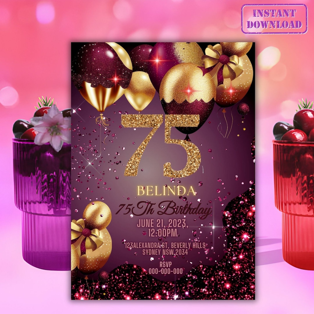 75th Birthday Invitation, 75th Birthday Invite, Printable 75th Birthday ...