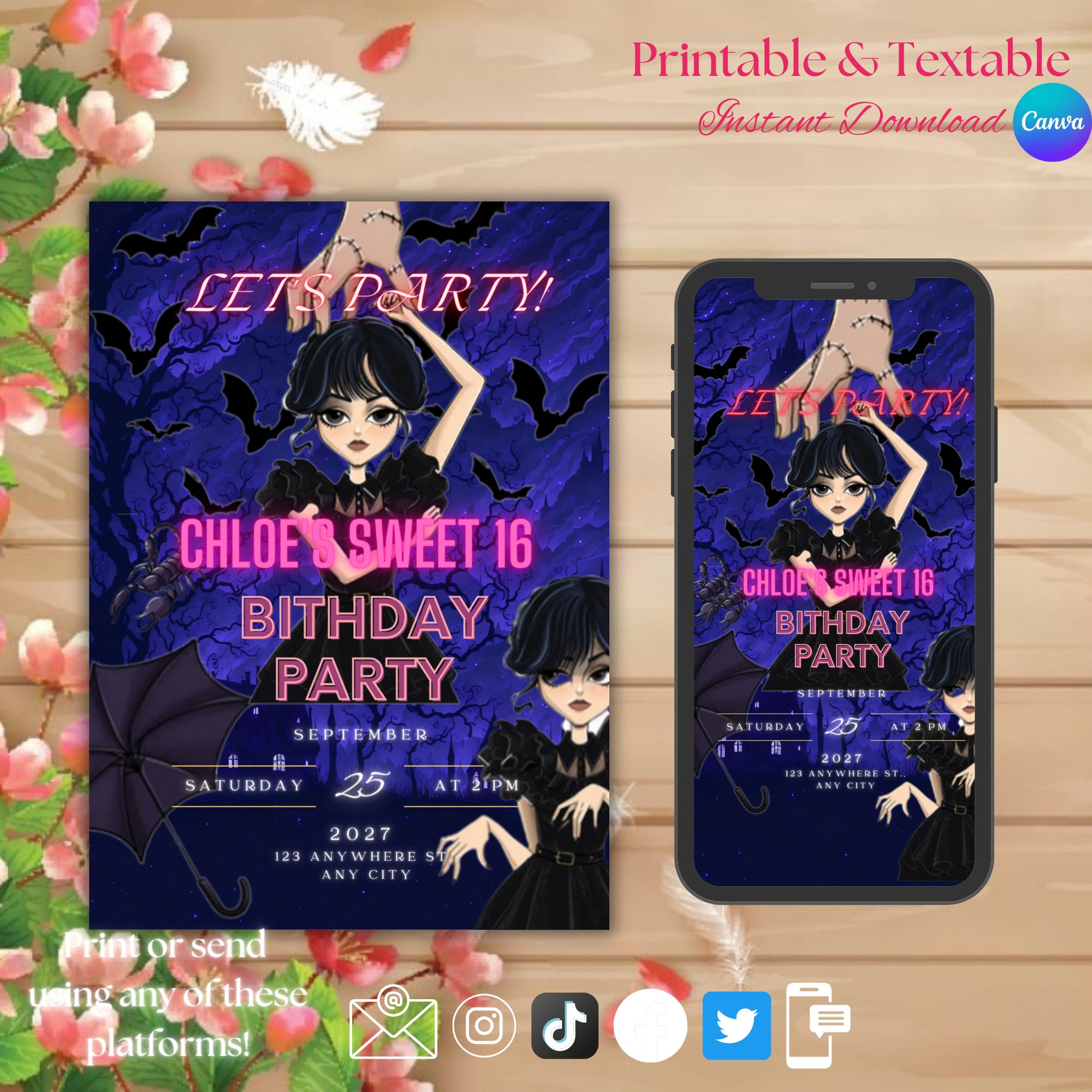 Purple Neon Text Printable and Textable Wedsnday Invitations - Etsy