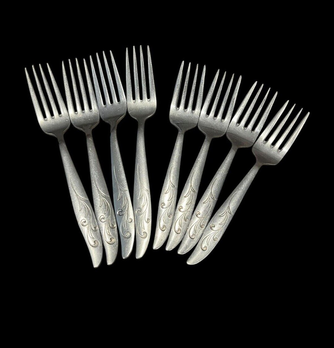 Vintage MCM Castle Court Stainless Japan Lot of 4 Dinner Forks & 4 ...