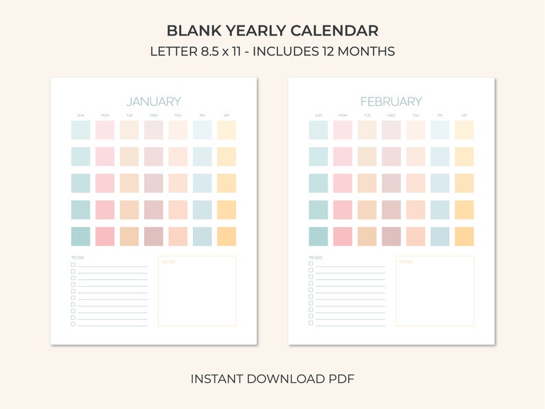 Gradient Color Printable Yearly Calendar With Squares, Twelve Months ...