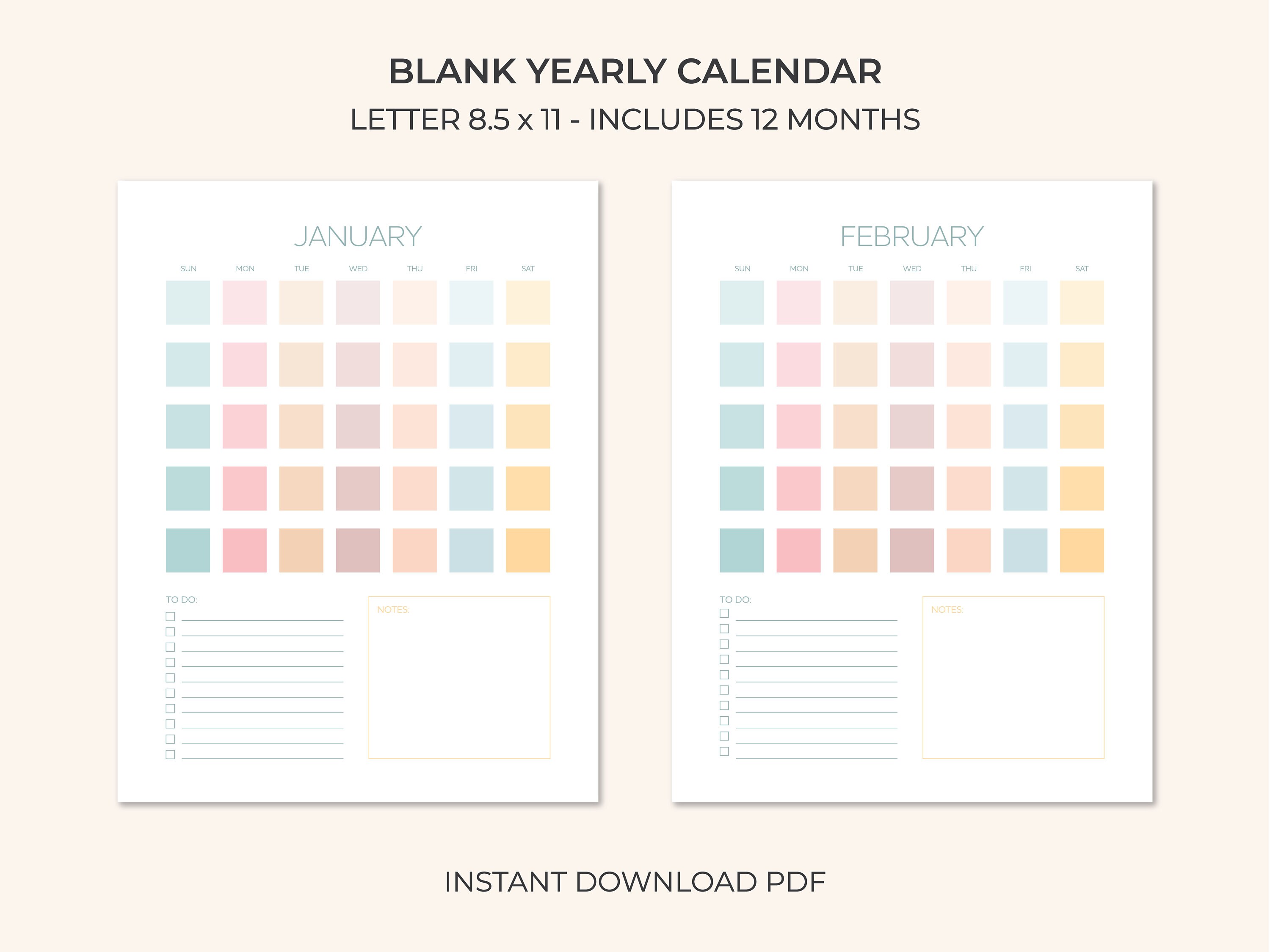 Gradient Color Printable Yearly Calendar With Squares Twelve | Etsy