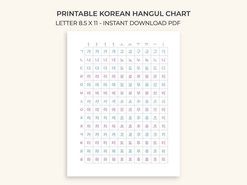 Printable Hangul Korean Alphabet Chart Poster Guide Grid Letters ...