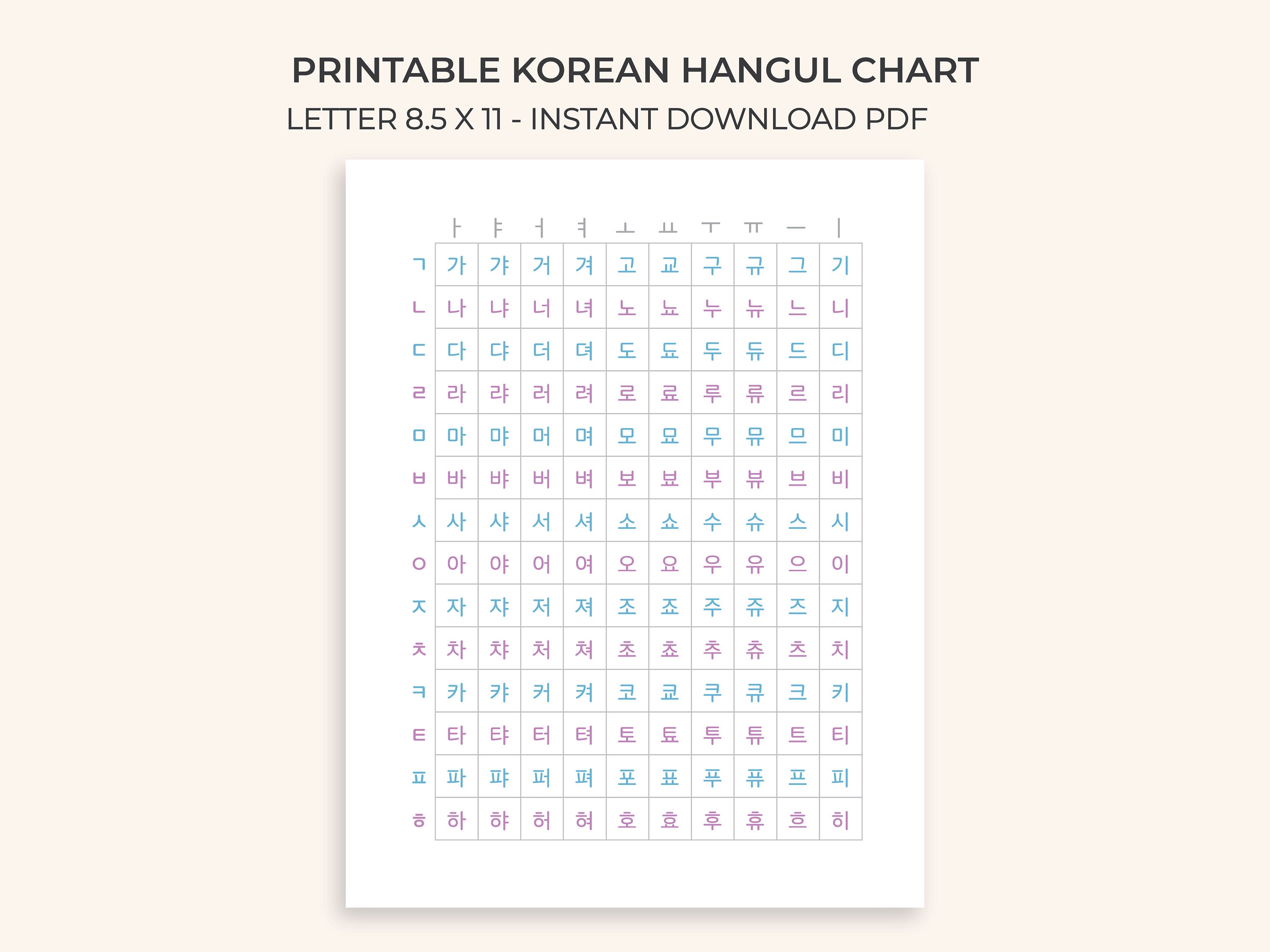 Printable Hangul Korean Alphabet Chart Poster Guide Grid Letters Printable Hangul Korean Alphabet Chart Poster Guide Grid Letters