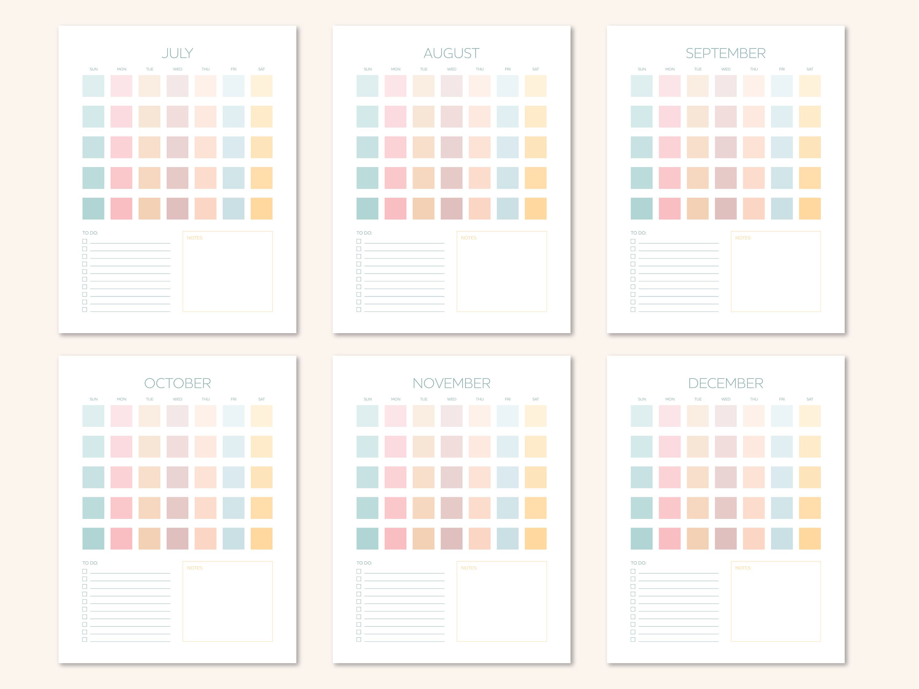 Gradient Color Printable Yearly Calendar With Squares Twelve | Etsy