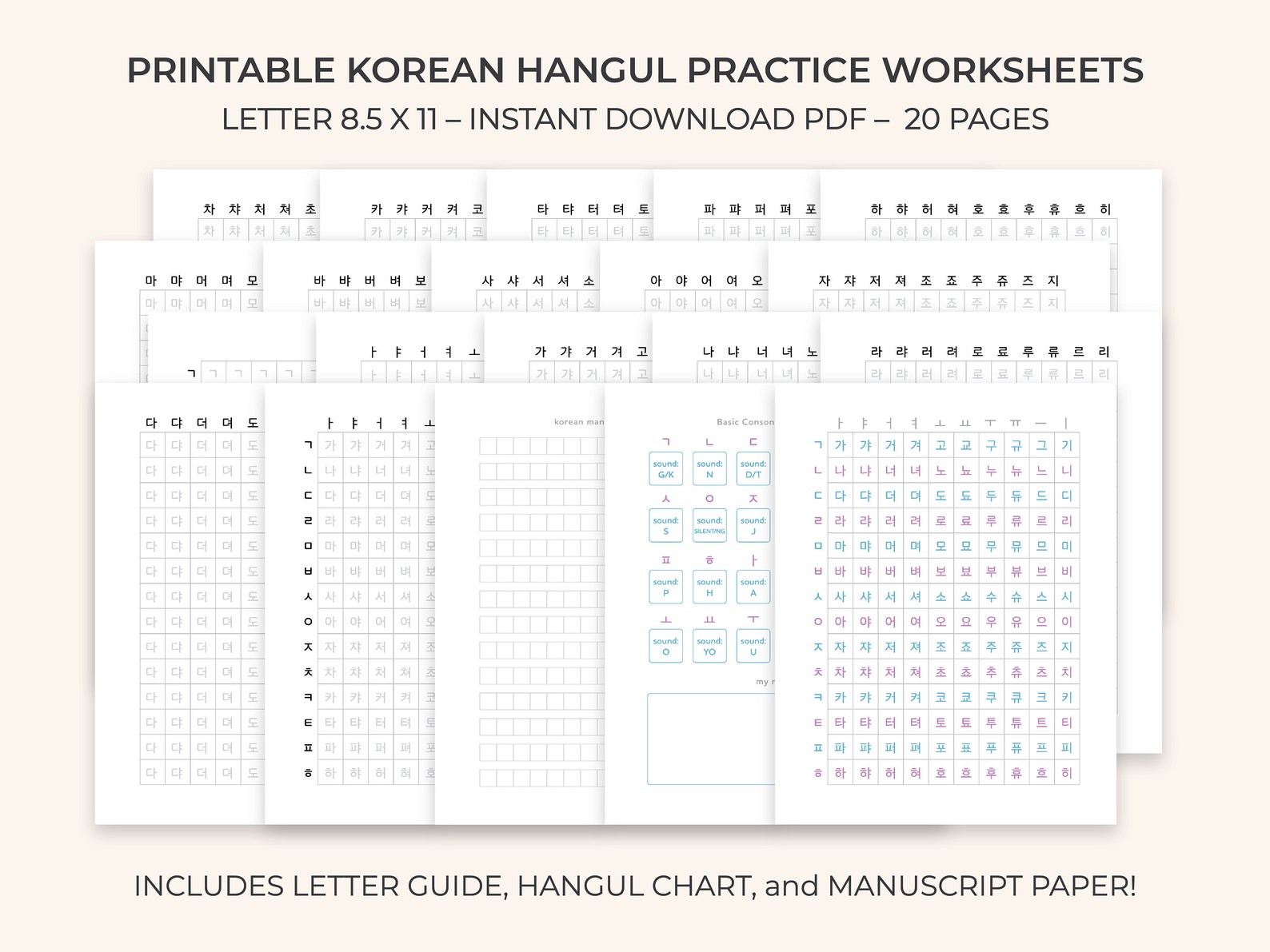 Korean Hangul Alphabet Practice Worksheets Study Guide Basic Consonants ...
