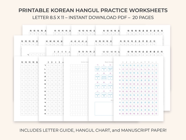 Korean Hangul Alphabet Practice Worksheets Study Guide Basic Consonants ...
