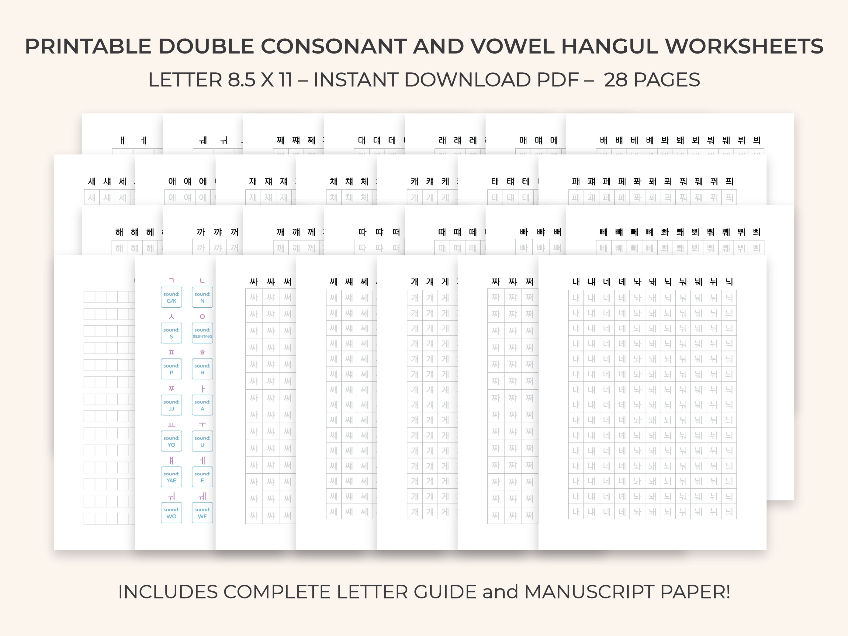 Korean Double Consonants and Vowel Combinations Printable Worksheets ...