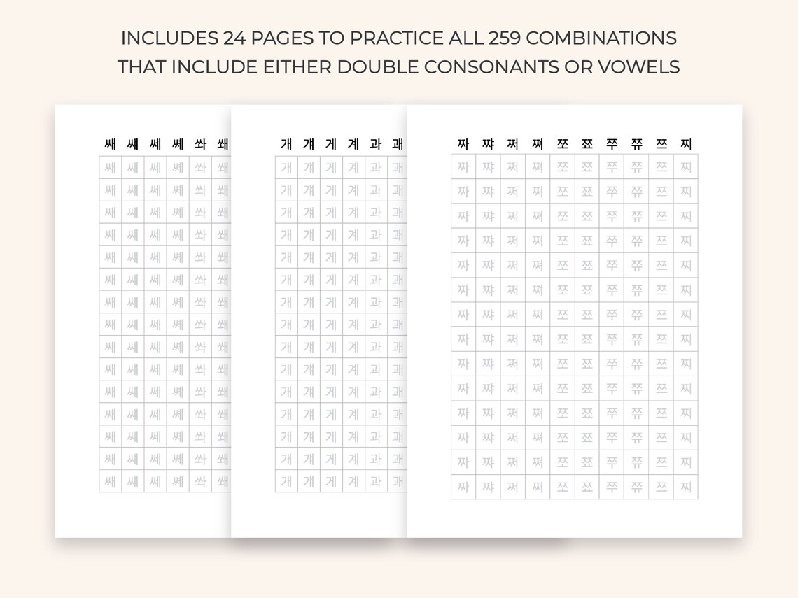 Korean Double Consonants and Vowel Combinations Printable Worksheets ...