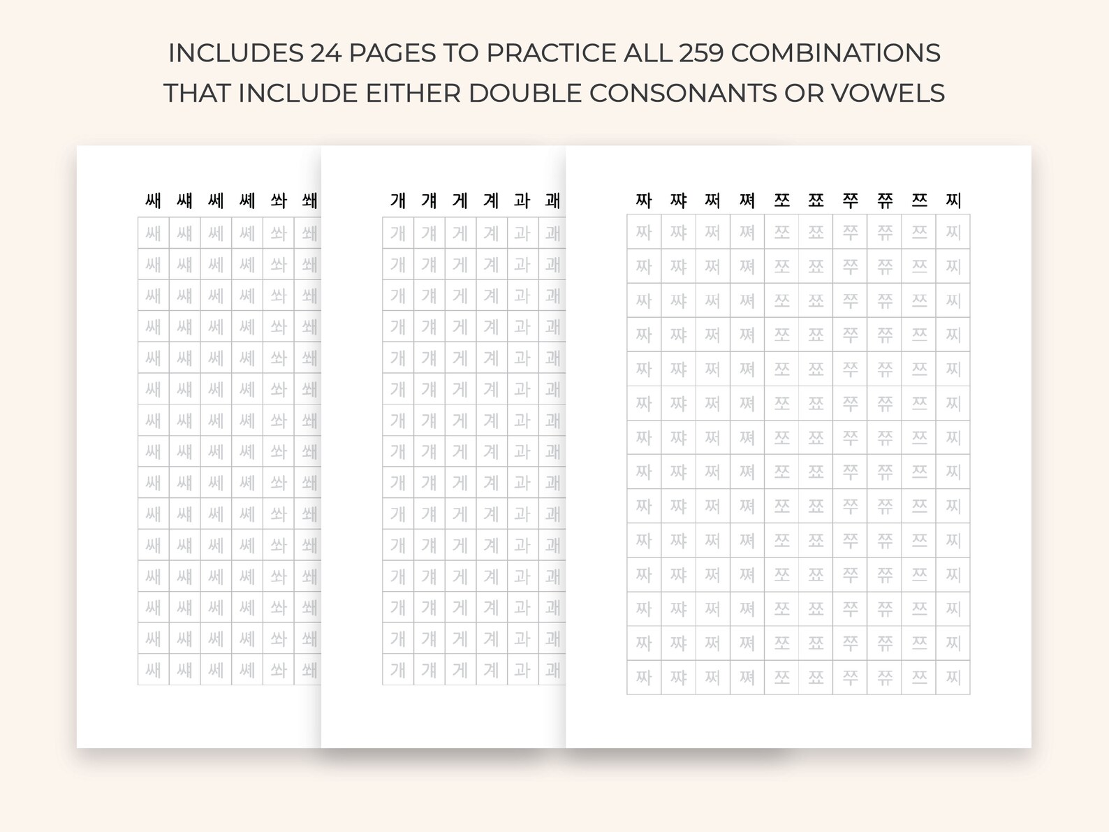 Korean Double Consonants and Vowel Combinations Printable Worksheets ...