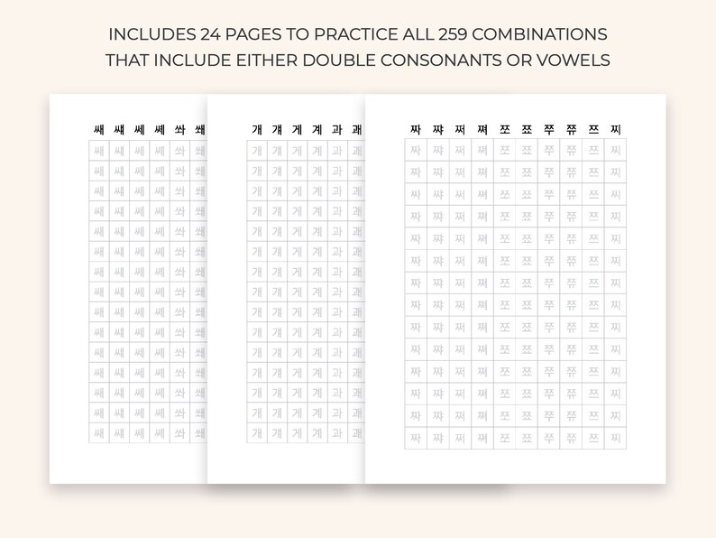 Korean Double Consonants and Vowel Combinations Printable Worksheets ...