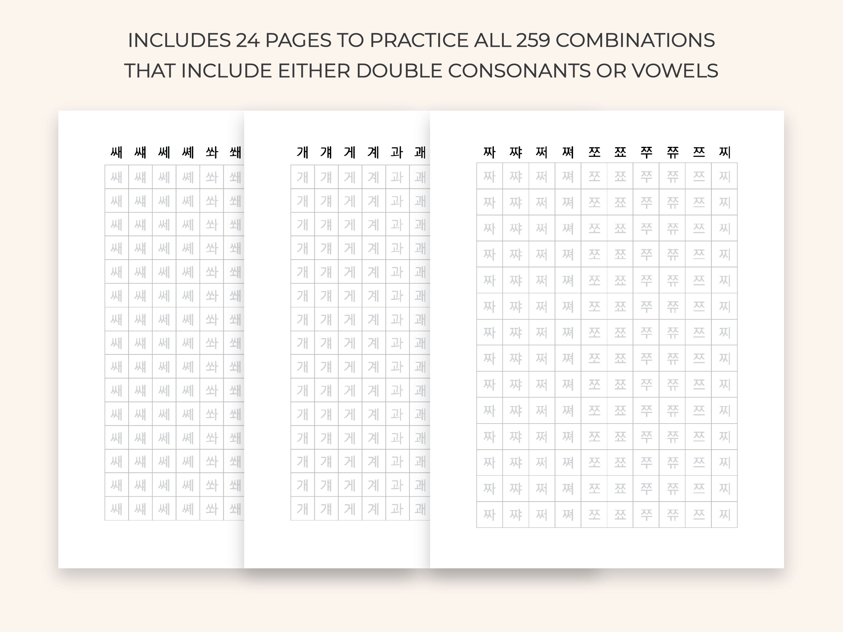 Korean Double Consonants and Vowel Combinations Printable Worksheets ...