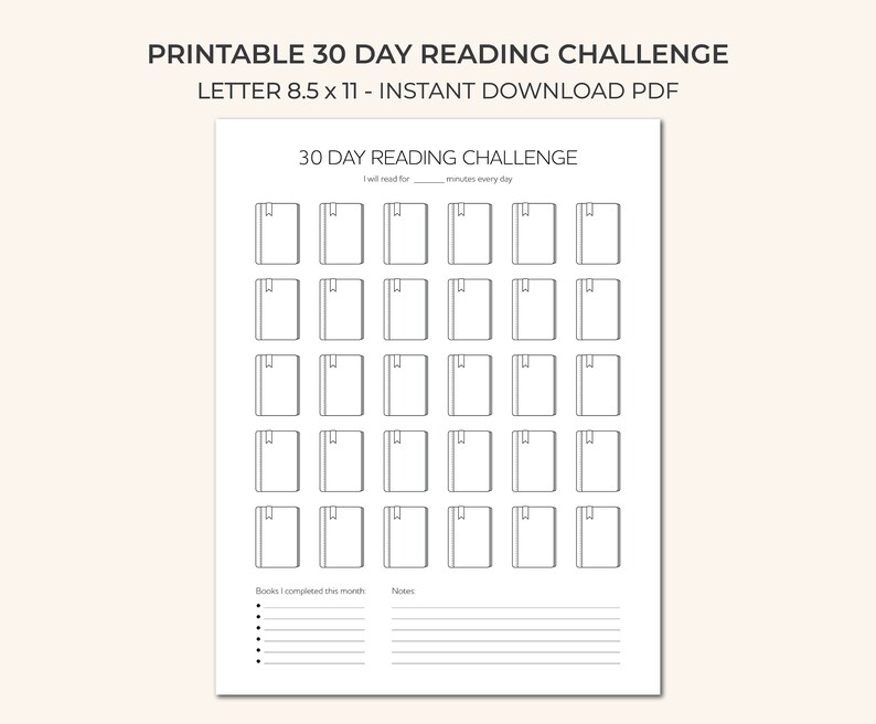 30 Day Reading Challenge Printable Book Goals Monthly Planner - Etsy