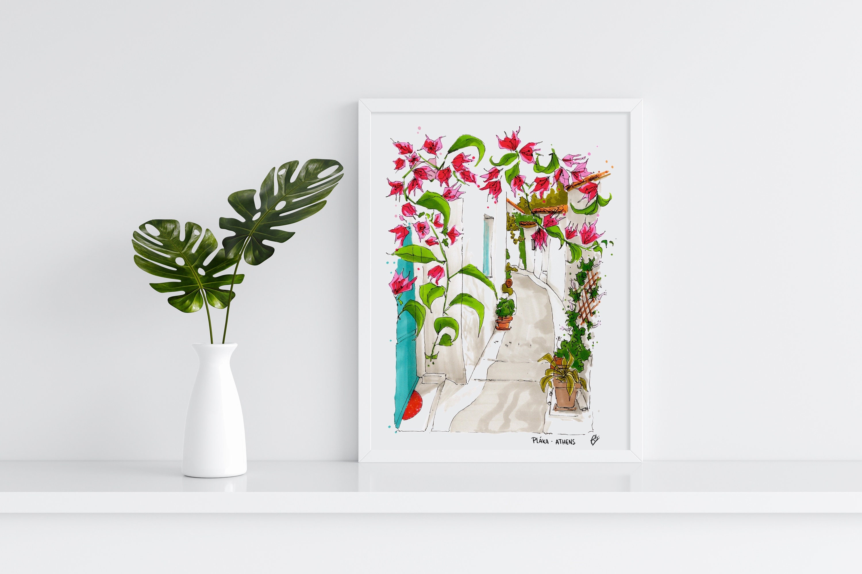 Plaka Acropolis Athens Ink Sketch and Alcohol Markers Art Printing by ...