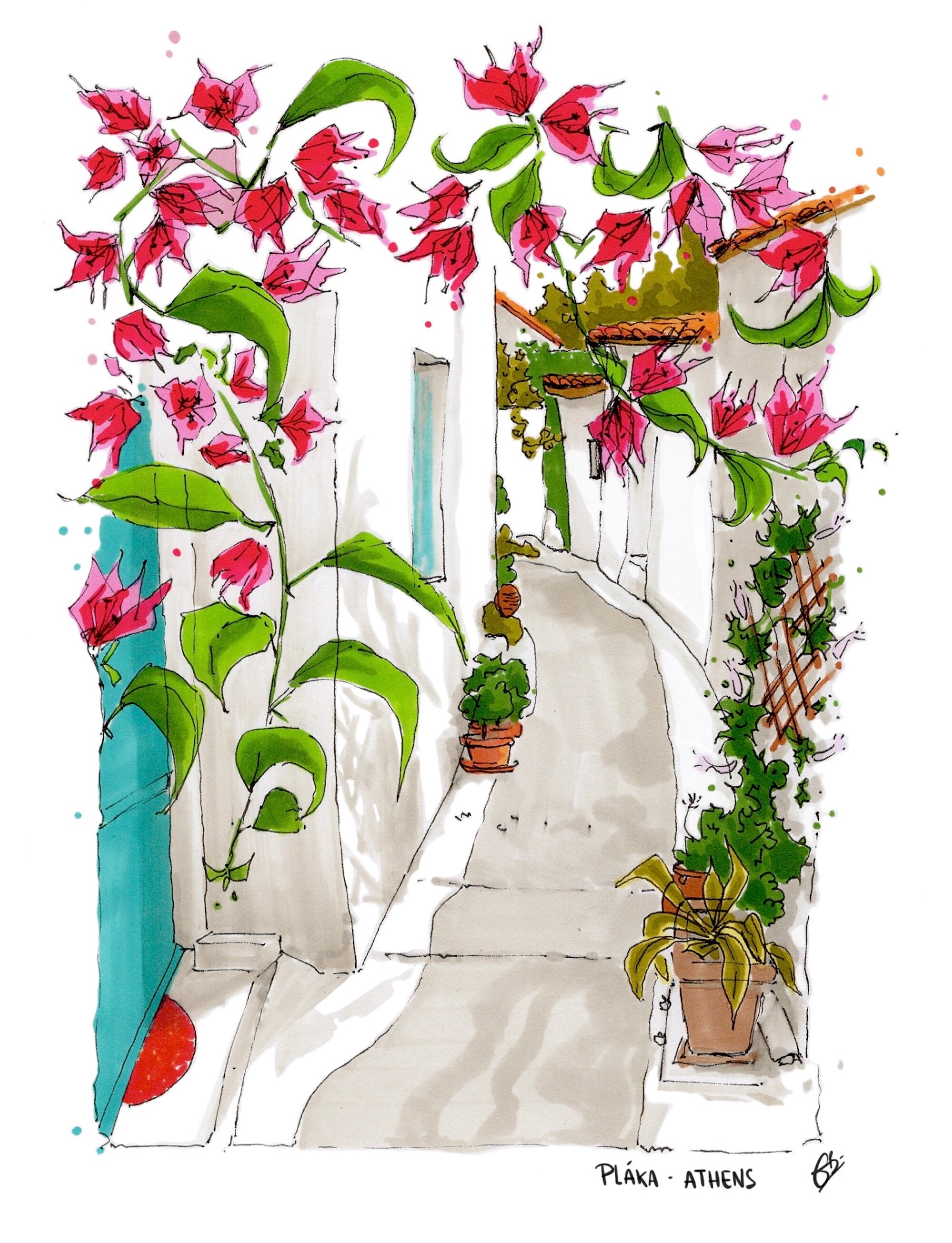 Plaka Acropolis Athens Ink Sketch and Alcohol Markers Art Printing by ...
