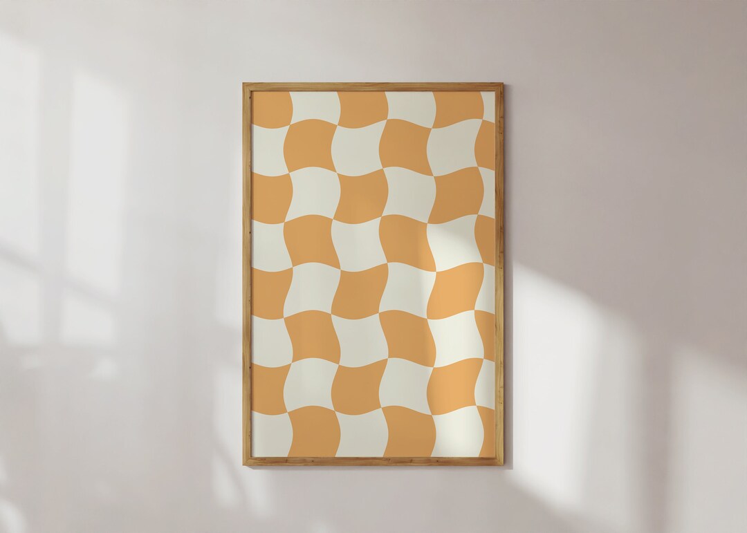 Wavy Checkerboard Print, Retro Wall Decor, Yellow Checkerboard, Wall ...