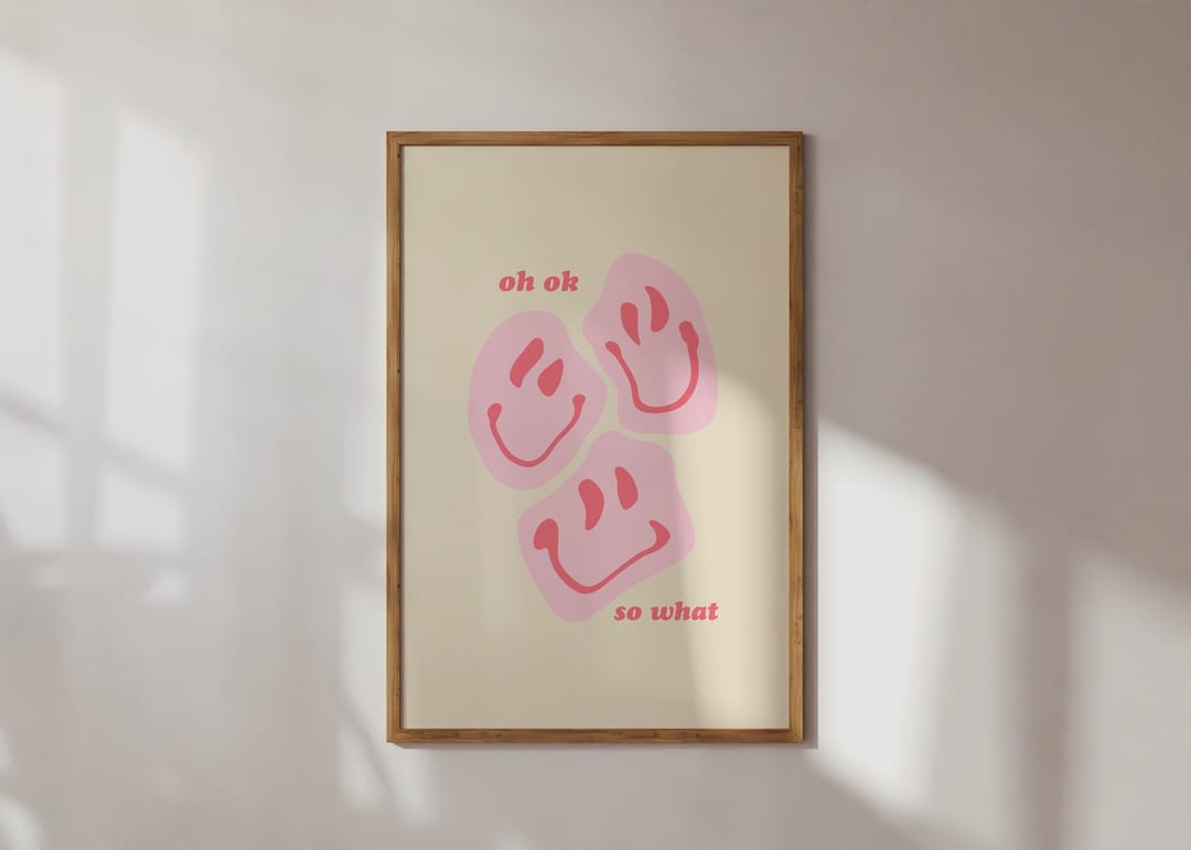Pink Melted Smiley Face Print, Trendy Smiley Face Art, Trippy Wall ...