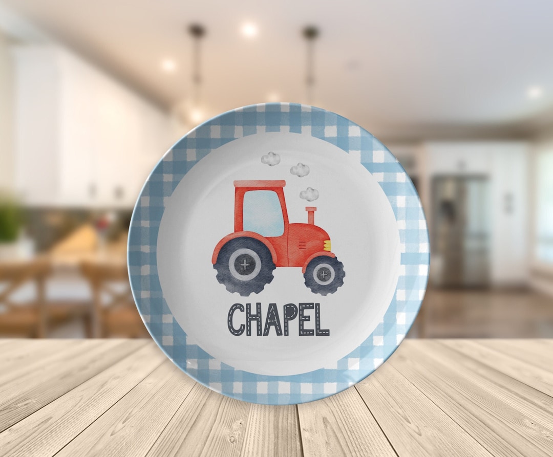 Personalized Tractor Plate, Custom Dinner Plate for Kids, Cute Red ...