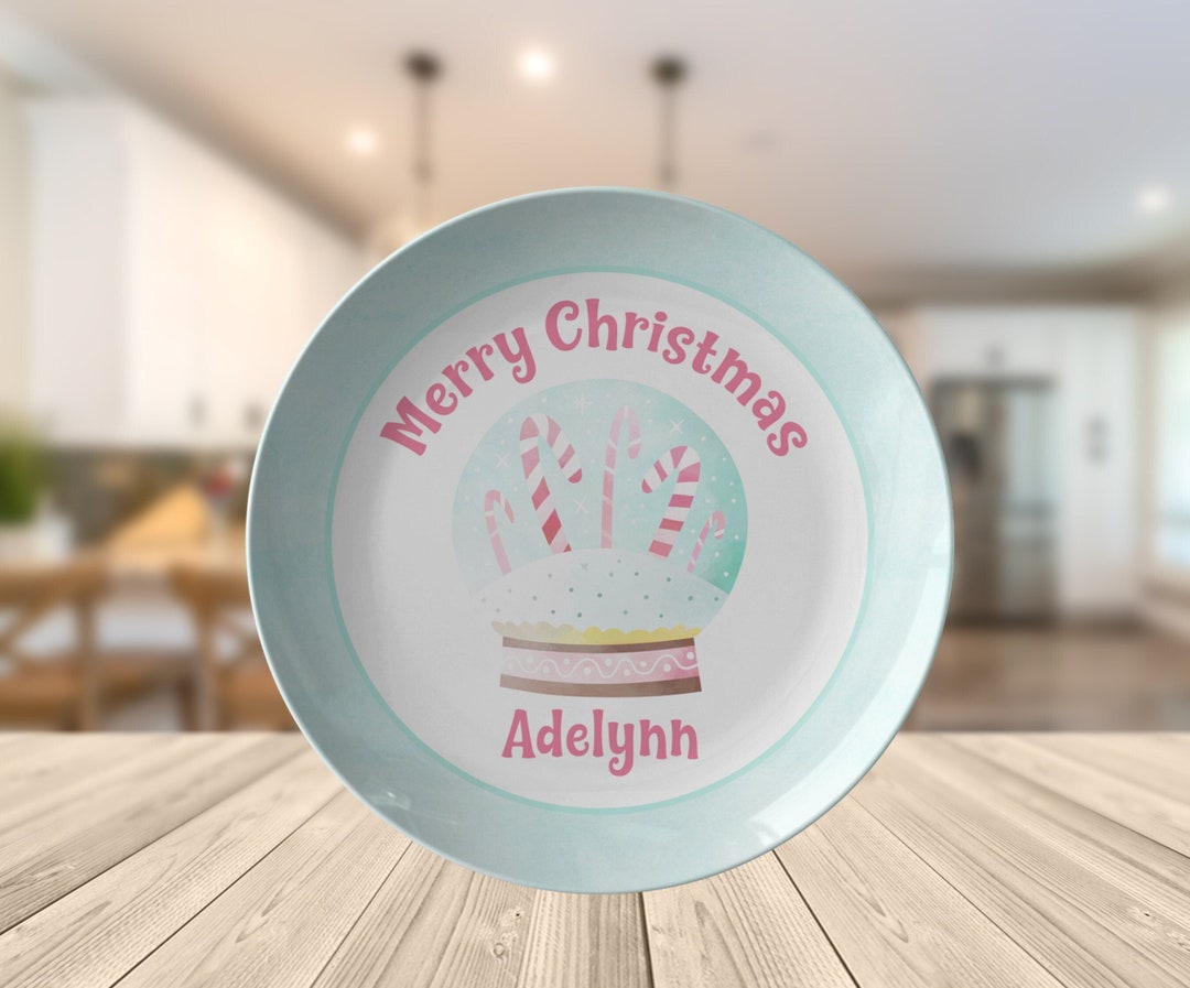 Personalized Christmas Plate, Candy Cane Snow Globe Custom Holiday ...
