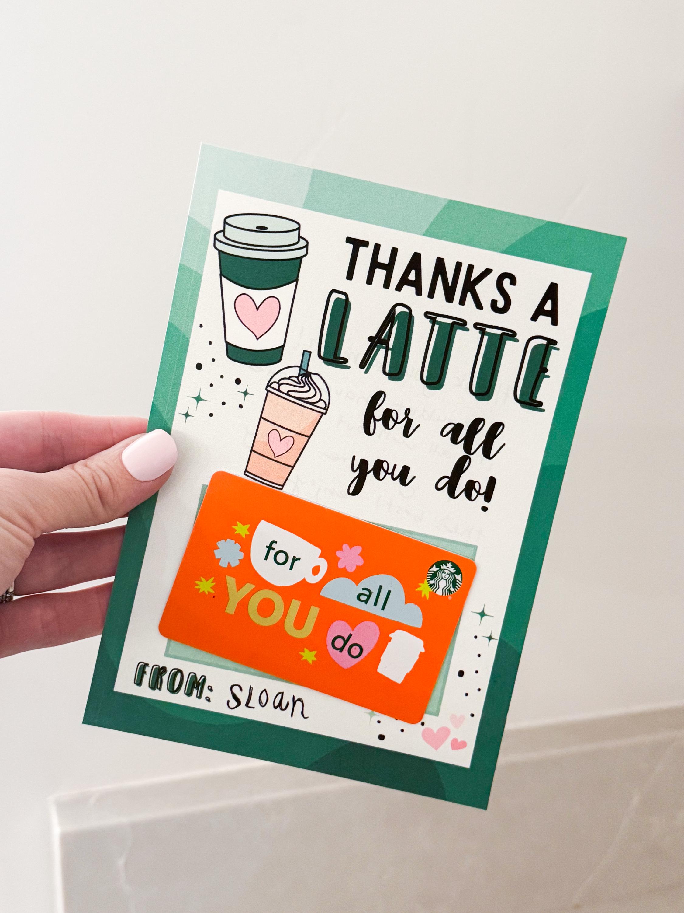 Thanks A Latte Gift Card, Easy Thank You Gift for Friend, Printable ...