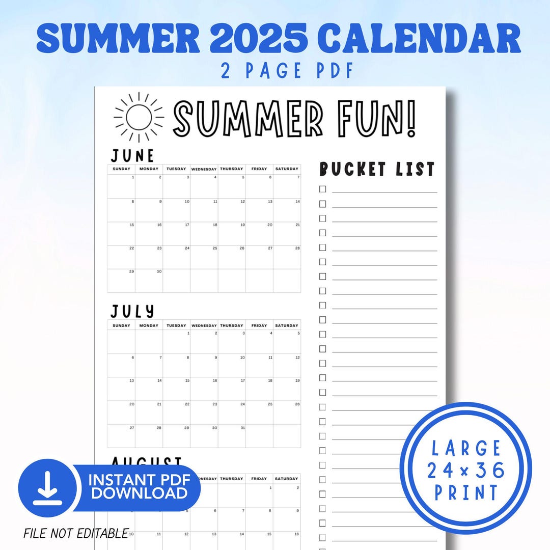 2025 Summer Calendar, Giant Printable Summer Bucket List, Summer Fun ...