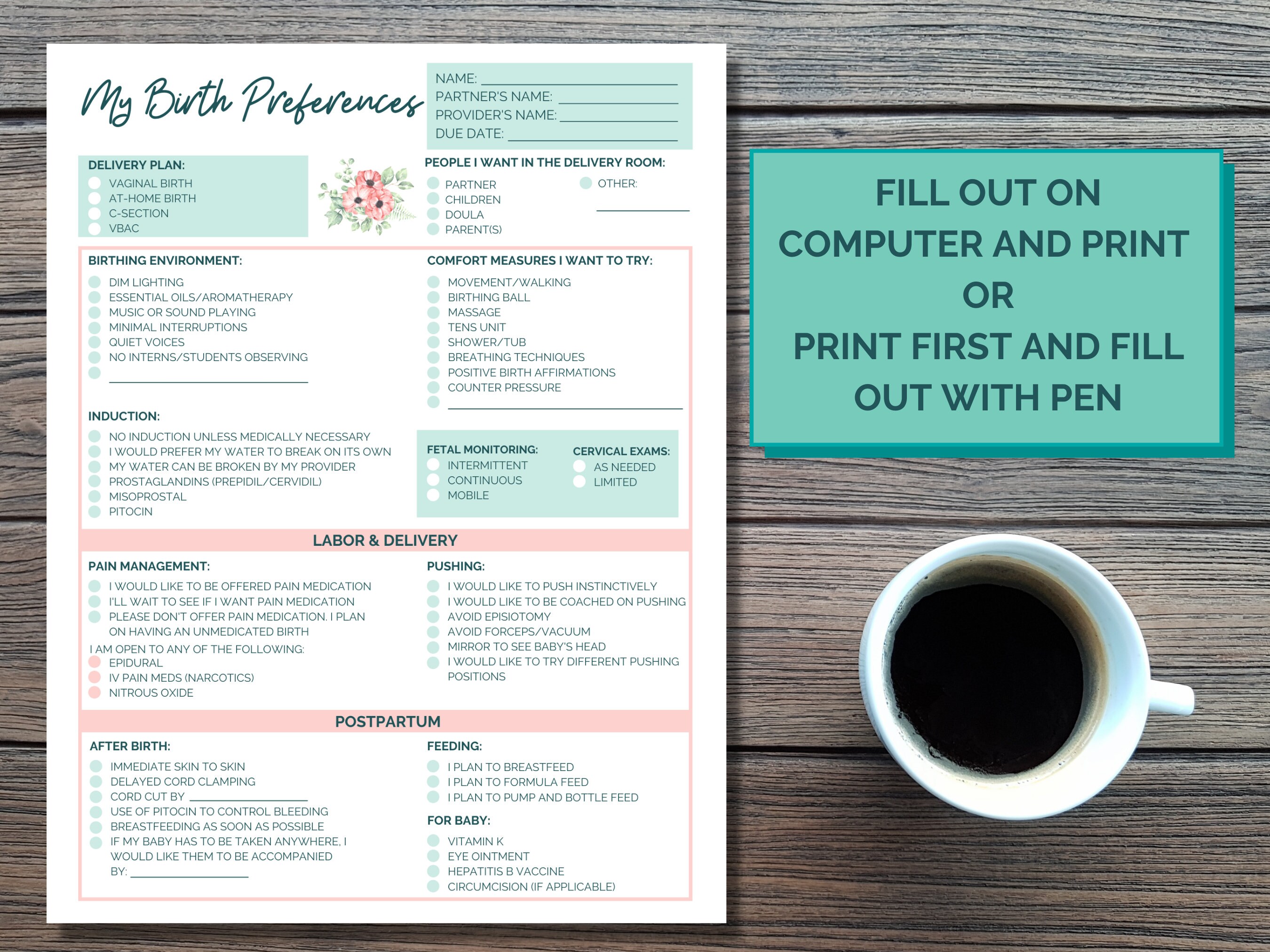 Birth Plan | Birth Preferences | 3 Color Options | Printable PDF ...