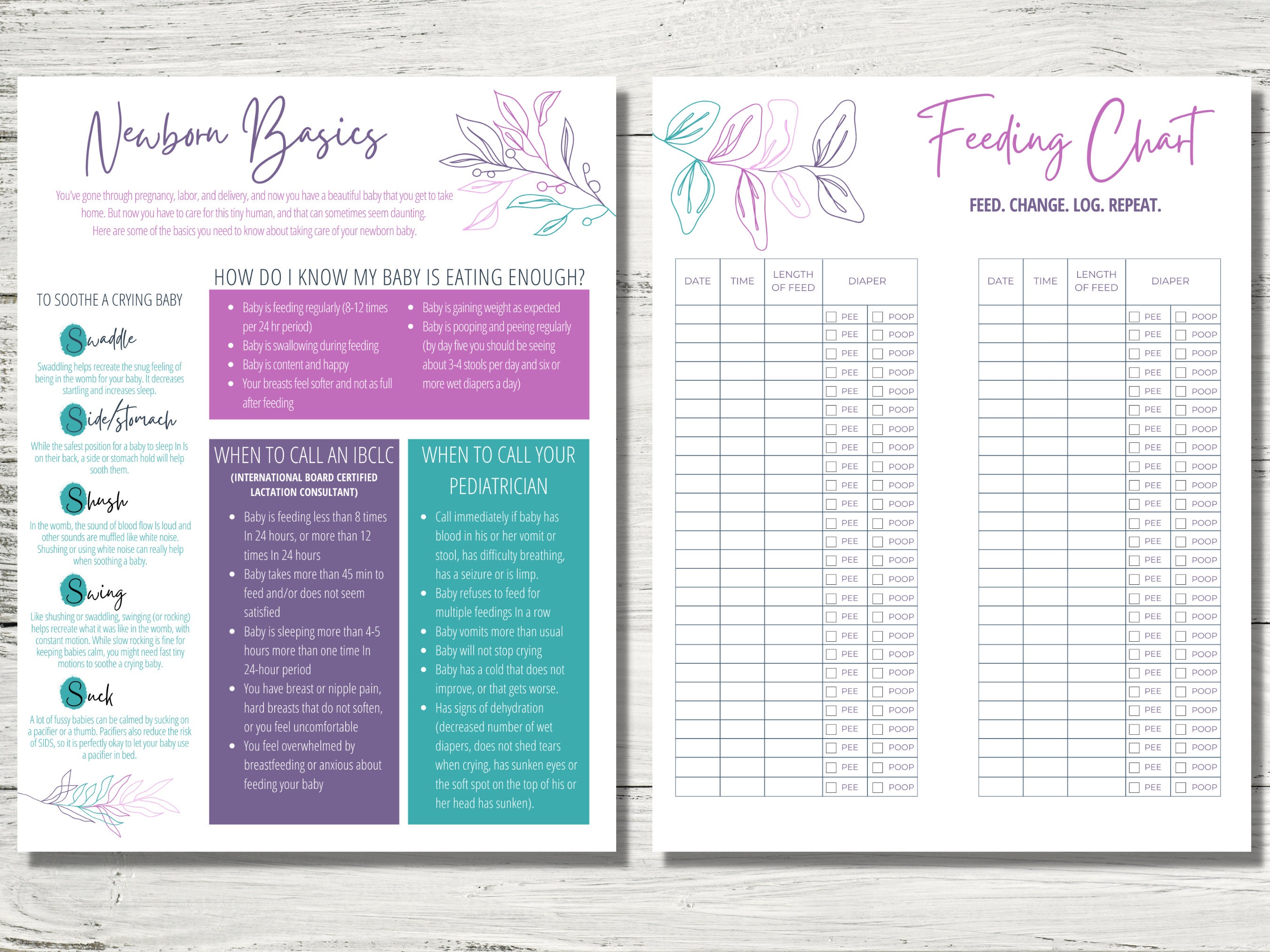 Newborn Basics Handout | Feeding Chart | Printable PDF| Taking Care of ...