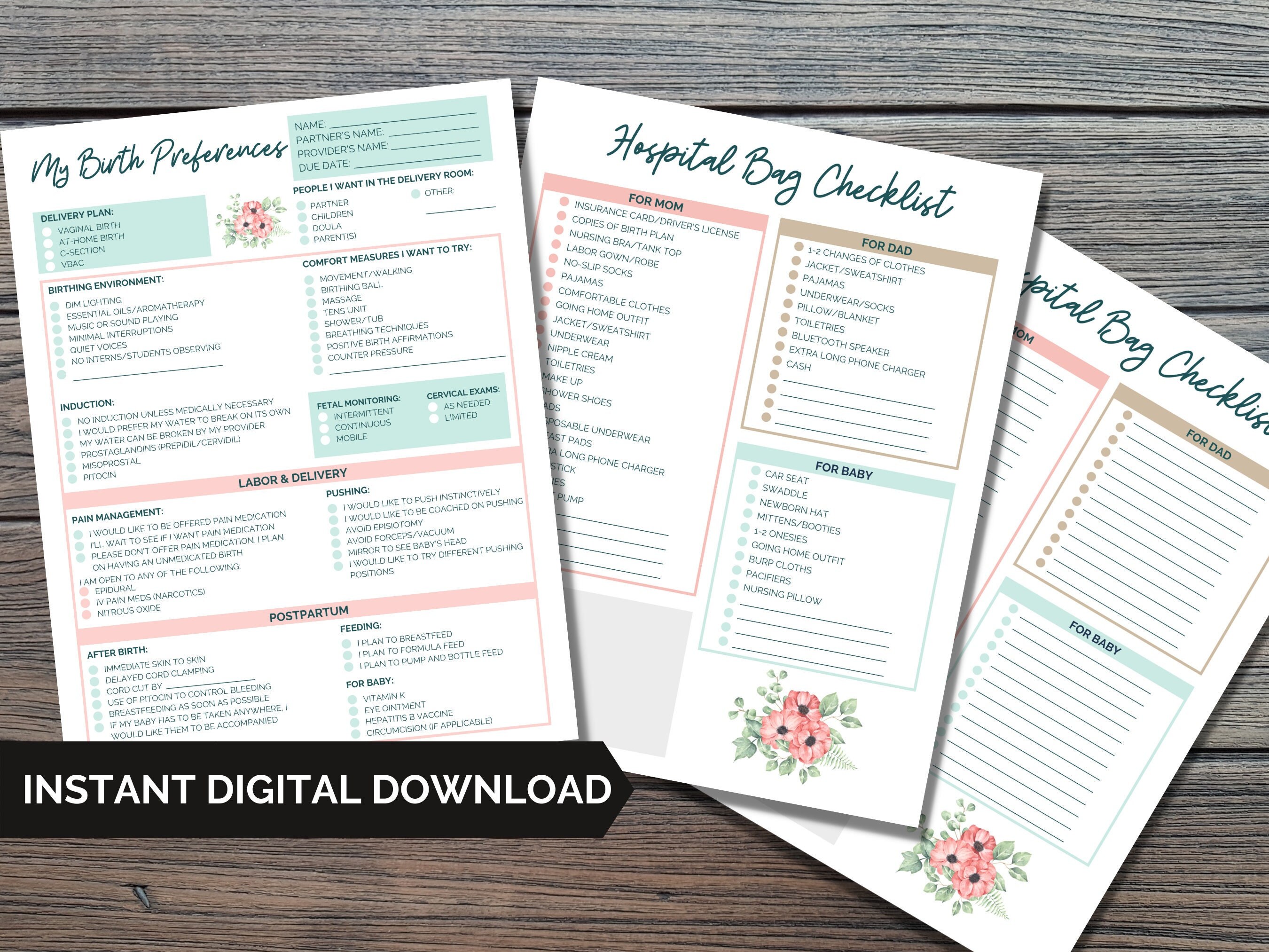 Birth Planning BUNDLE | Birth Plan + Hospital Bag Checklist | 3 Color ...