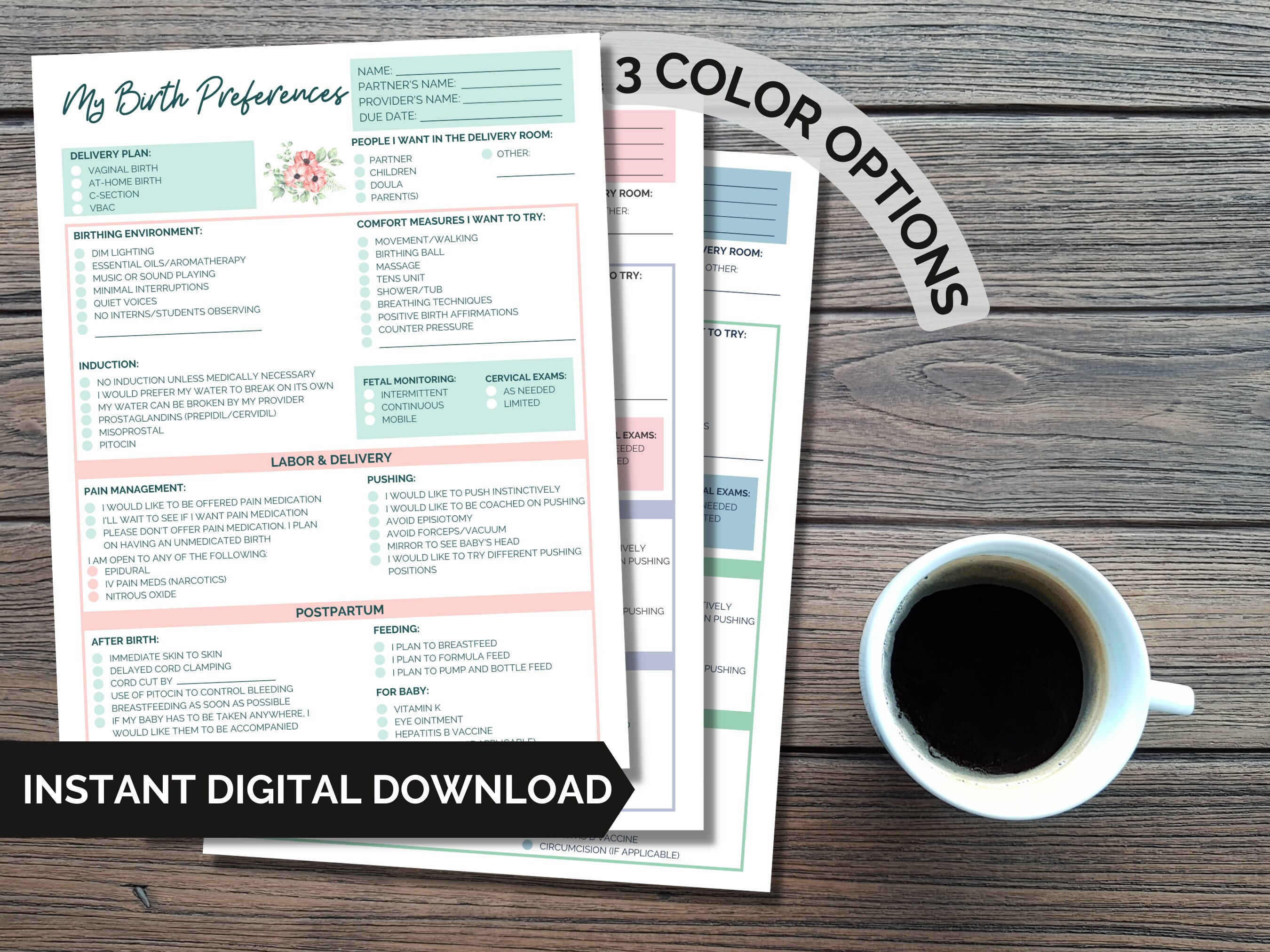 Birth Plan | Birth Preferences | 3 Color Options | Printable PDF ...